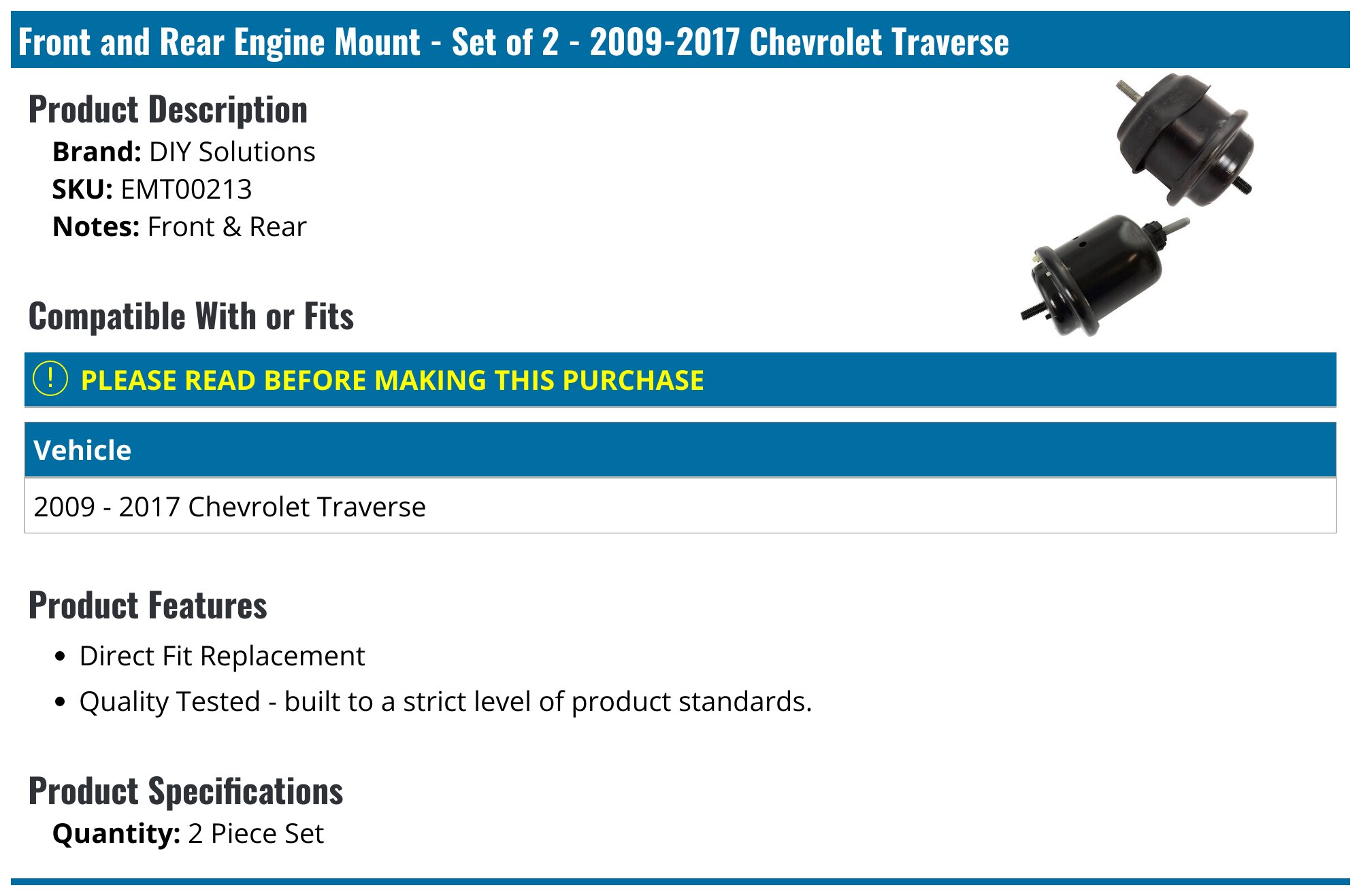 2009-2017 Chevrolet Traverse Engine Mount - DIY Solutions EMT00213 ...