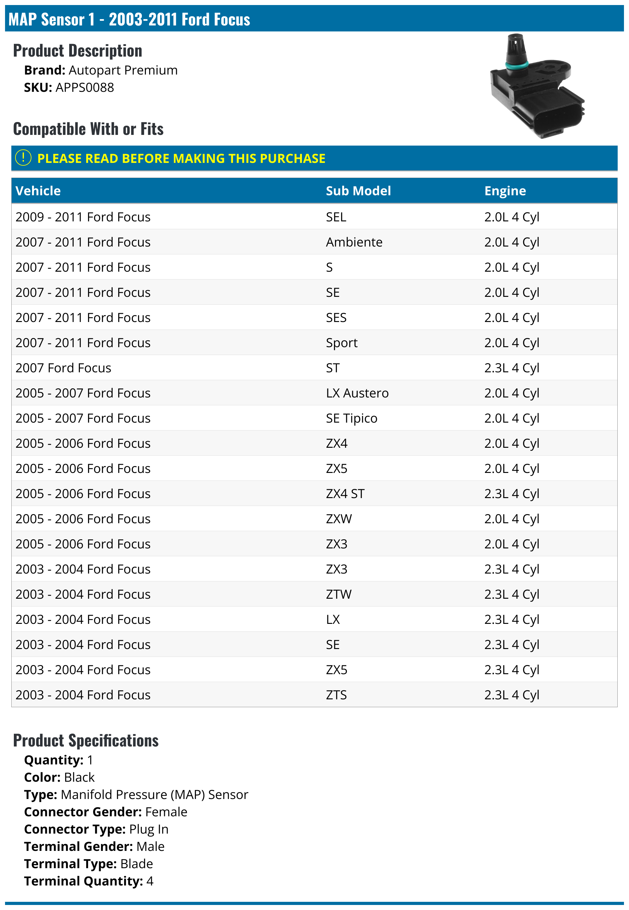 2003-2011 Ford Focus MAP Sensor - Autopart Premium APPS0088 - PartsGeek.com