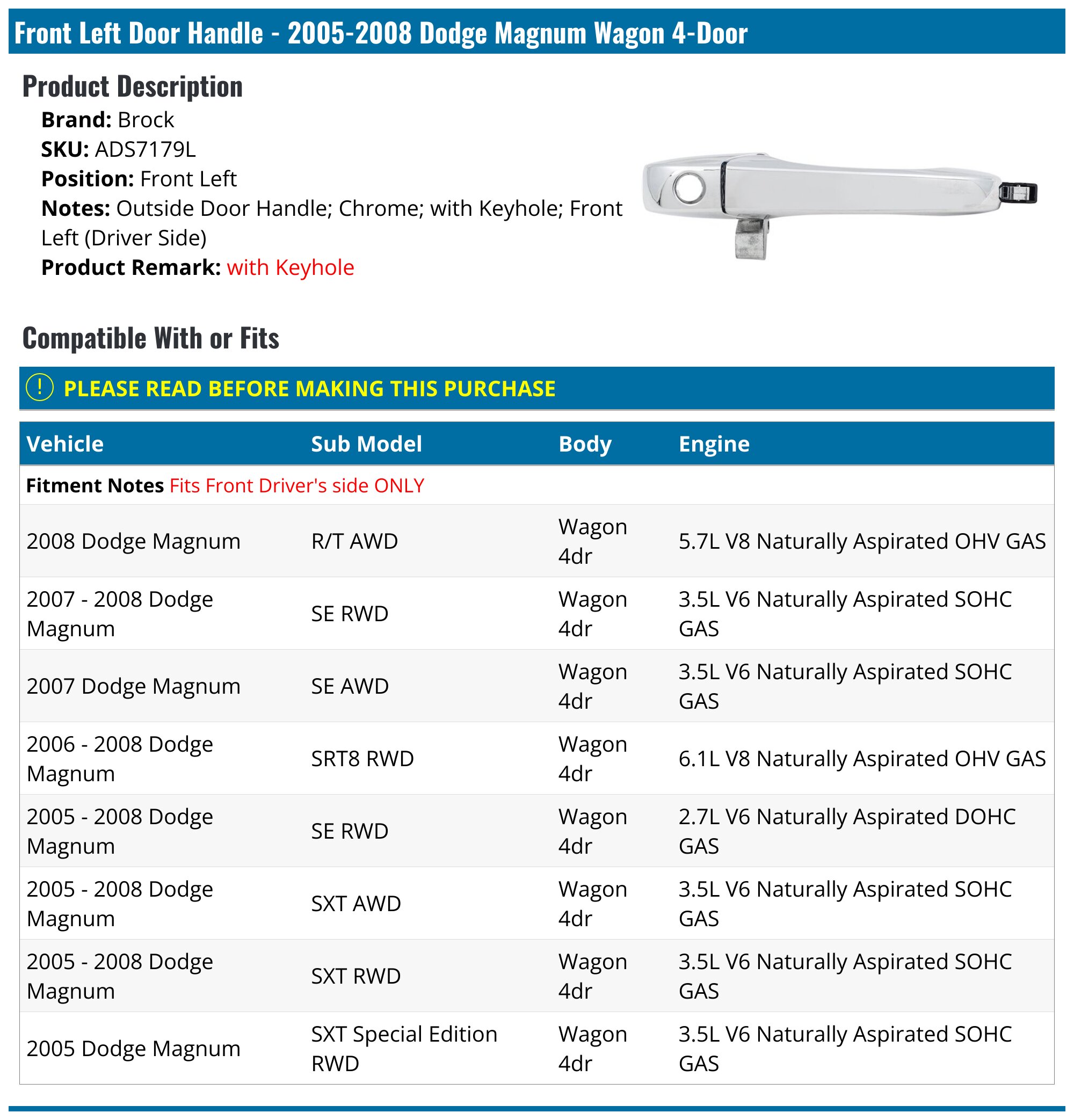 2005-2008 Dodge Magnum Door Handle - Brock ADS7179L - Front Left ...