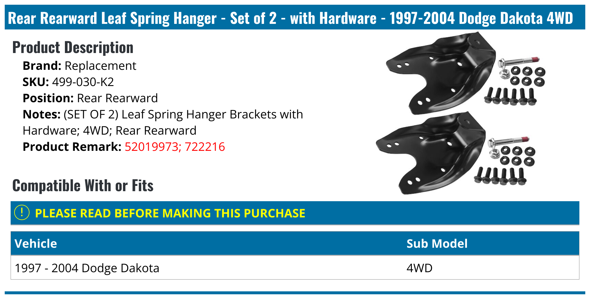 1997-2004 Dodge Dakota Leaf Spring Hanger - Replacement 499-030-K2 ...