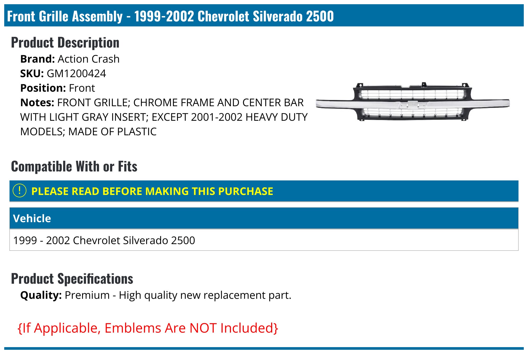 1999-2002 Chevrolet Silverado 2500 Grille Assembly - Action Crash ...