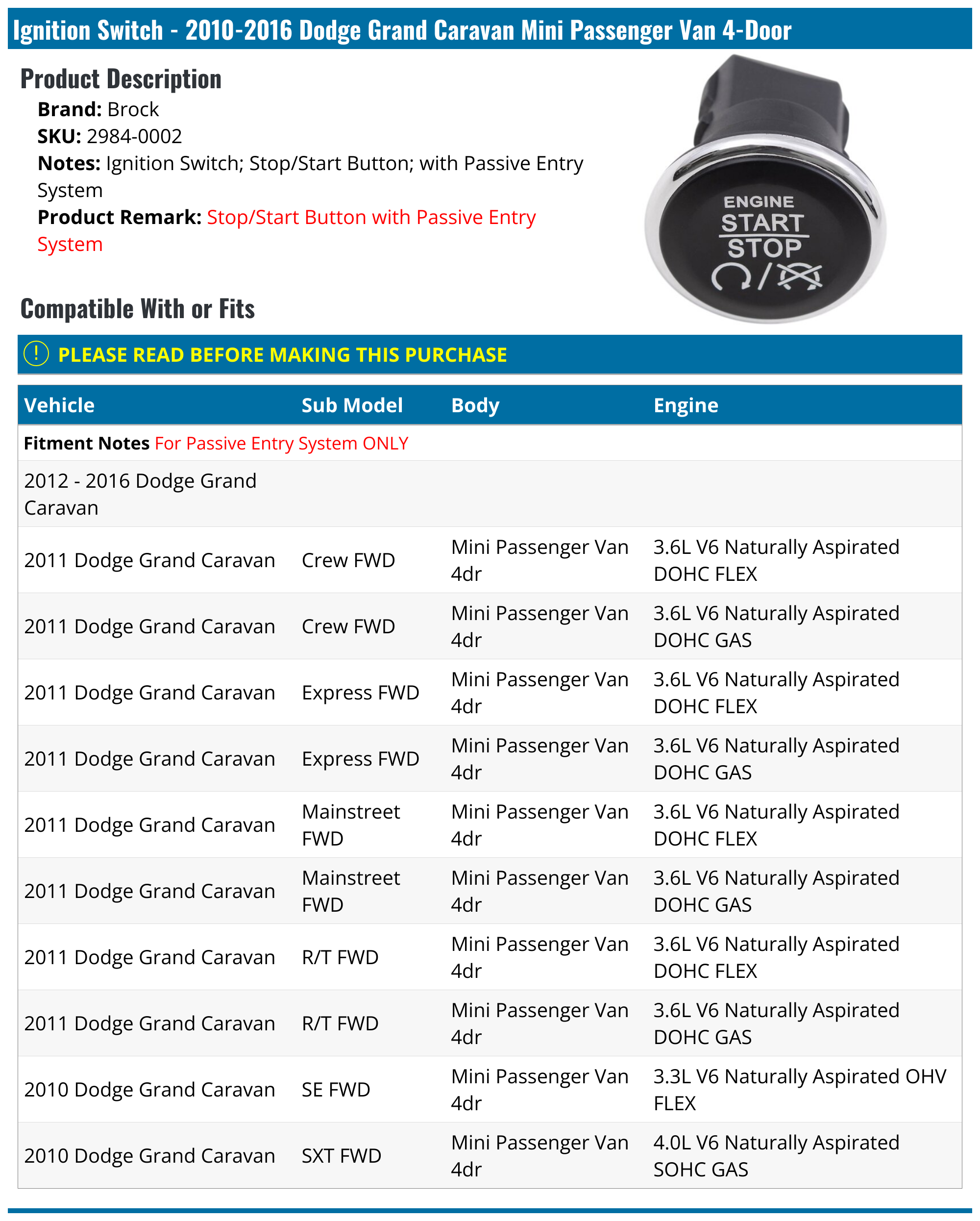 2010-2016 Dodge Grand Caravan Ignition Switch - Brock 2984-0002 ...