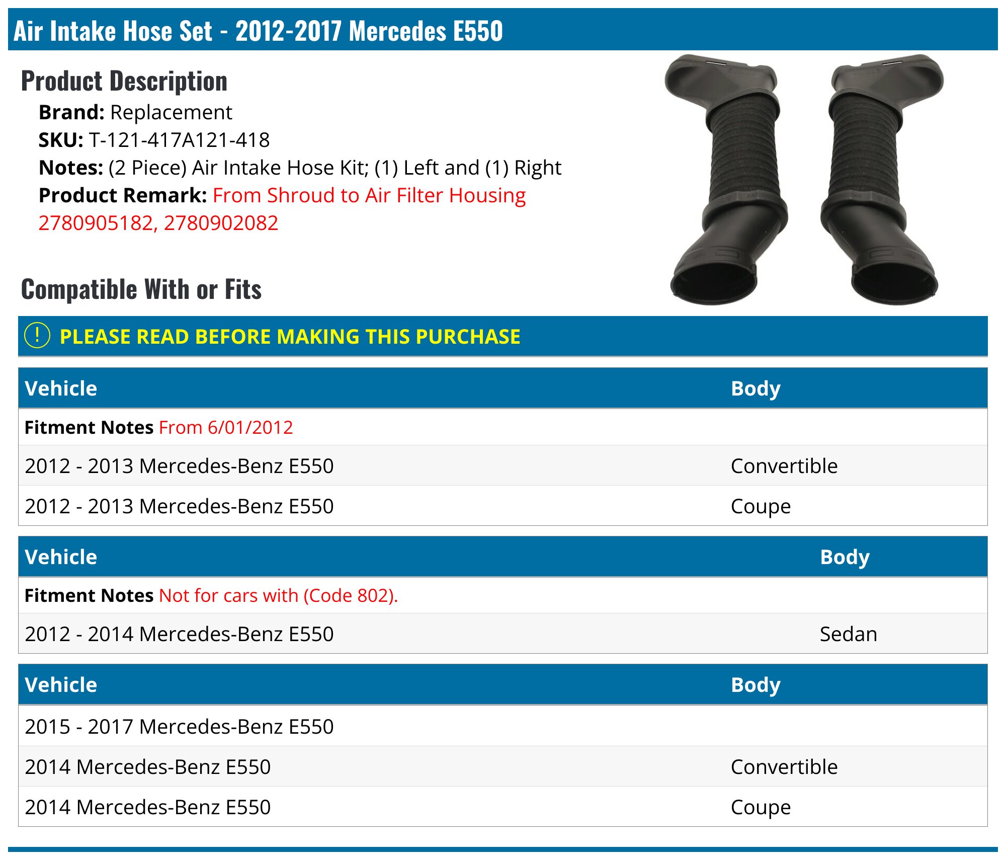 Engine Air Intake Duct Mercedes Benz Air Intake Duct Hose - Left ...
