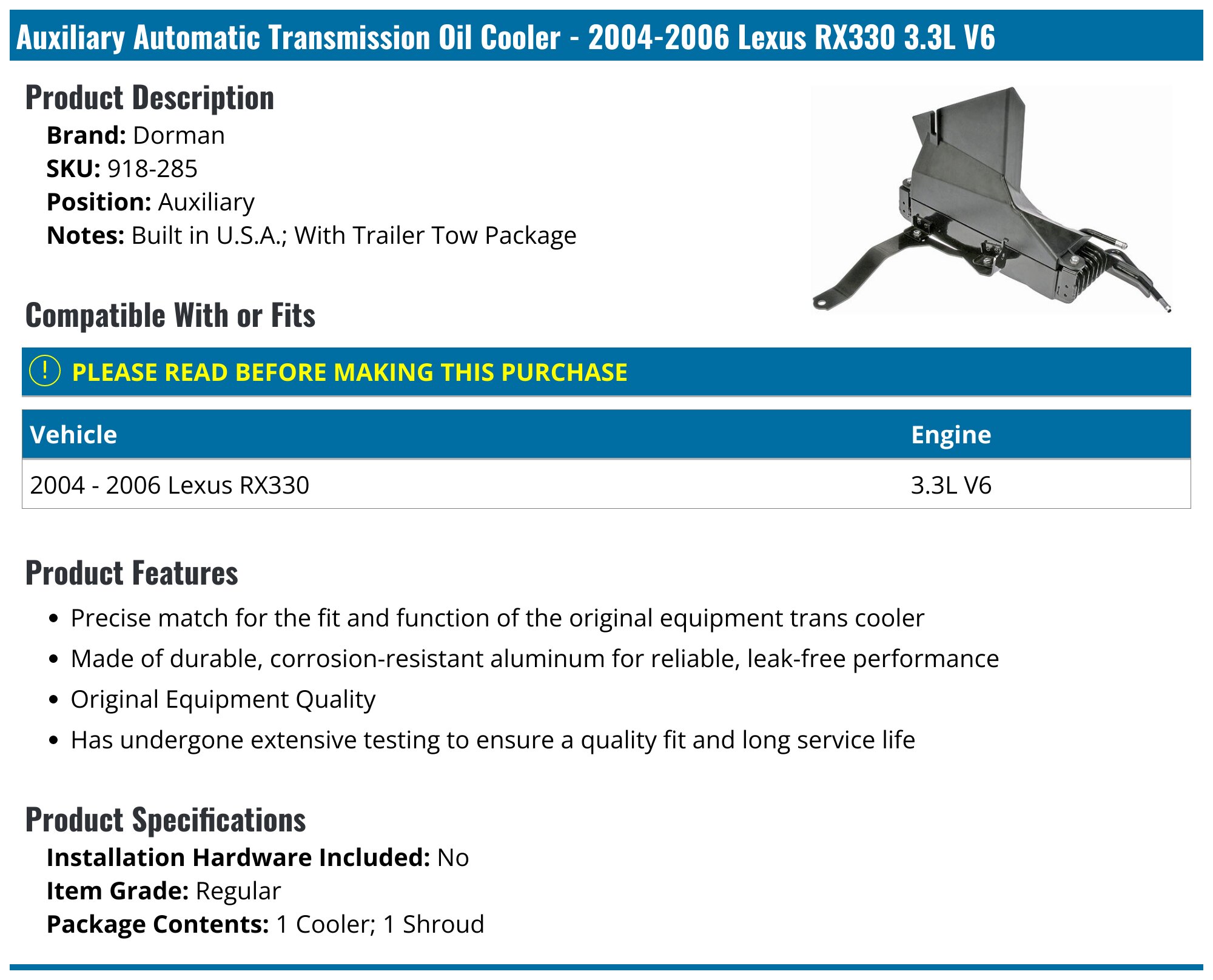2004-2006 Lexus RX330 Automatic Transmission Oil Cooler - Dorman 918 ...