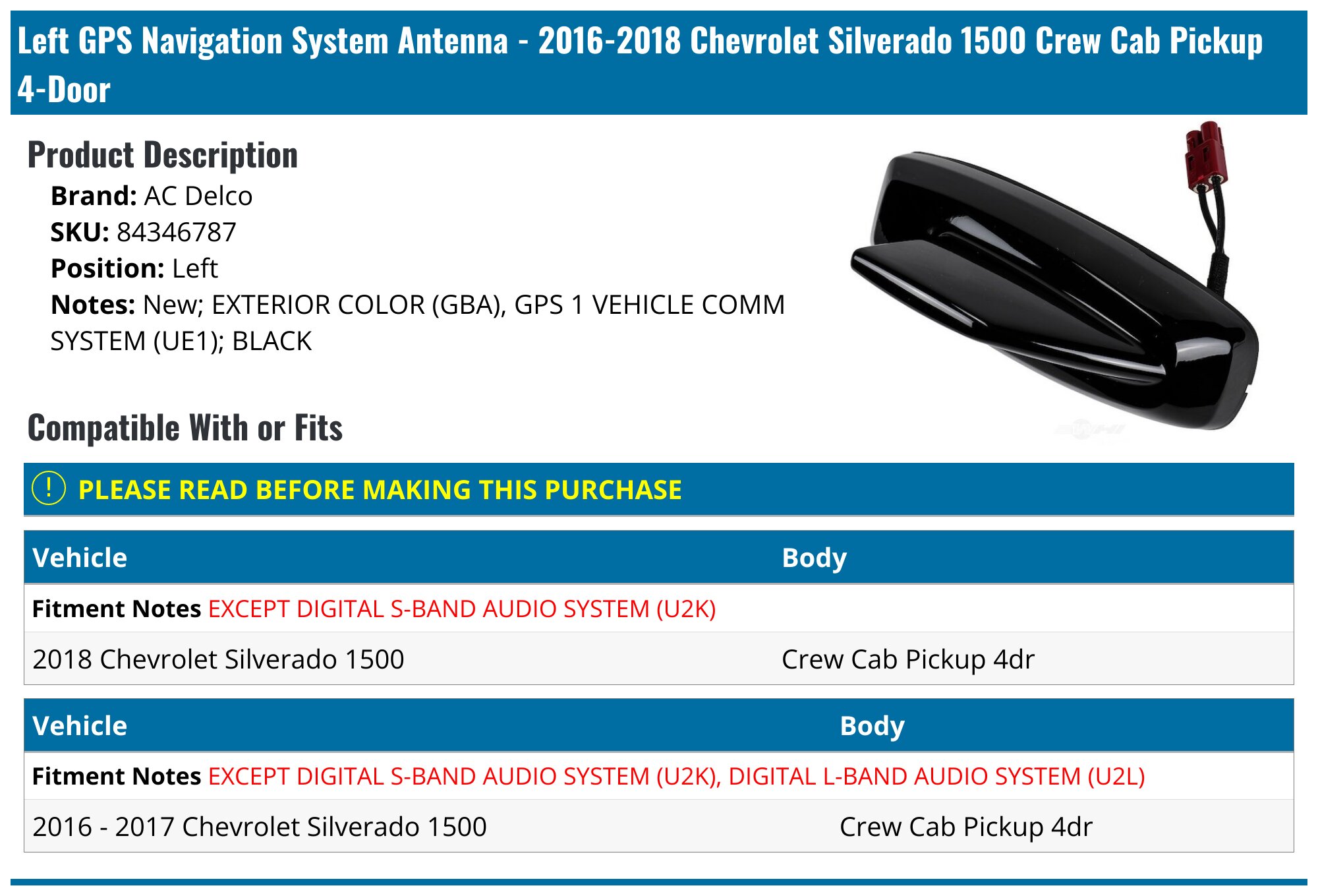2016-2018 Chevrolet Silverado 1500 GPS Navigation System Antenna - AC ...