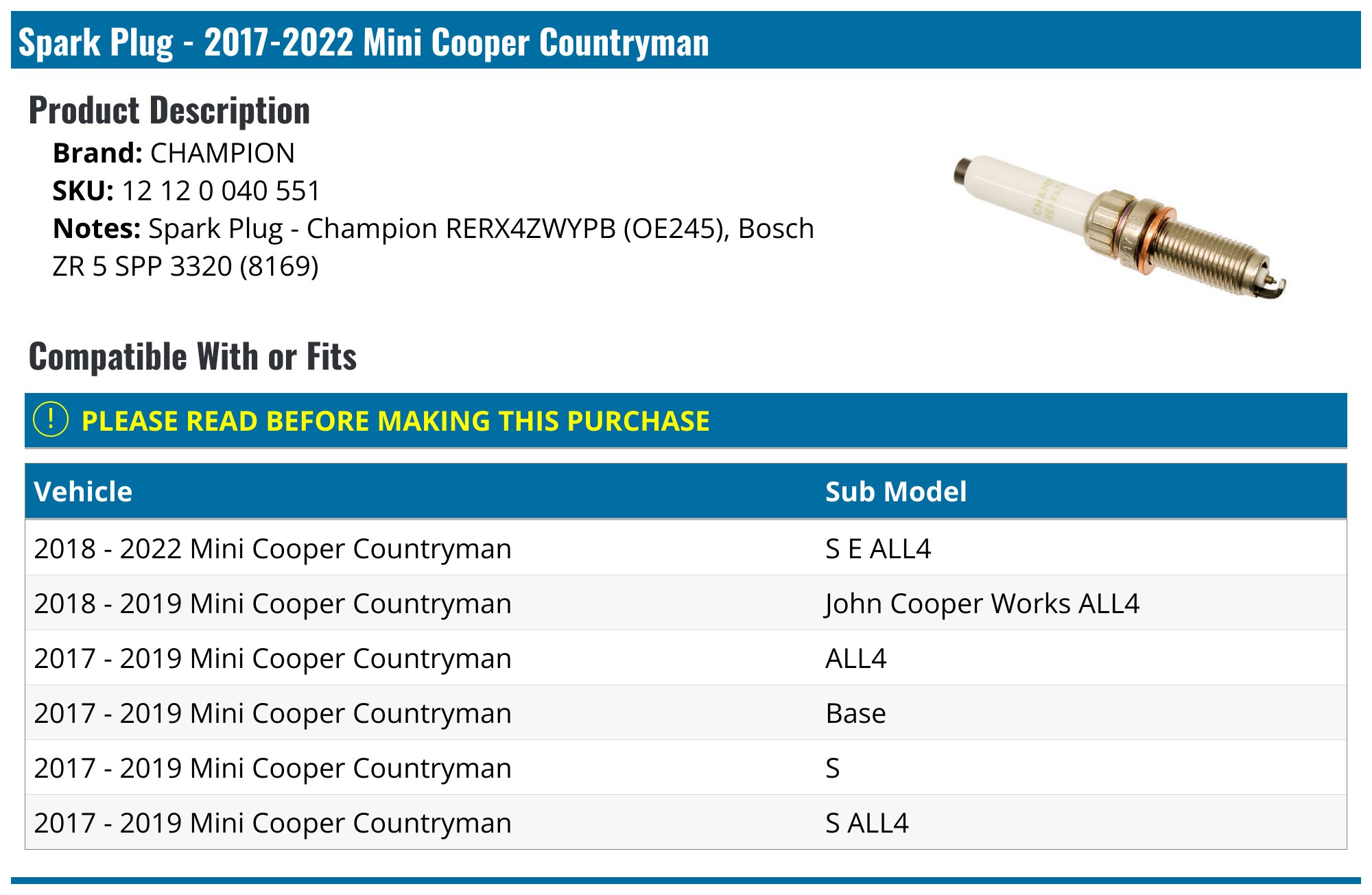 2017-2024 Mini Cooper Countryman Spark Plug - CHAMPION 12 12 0 040 551 ...