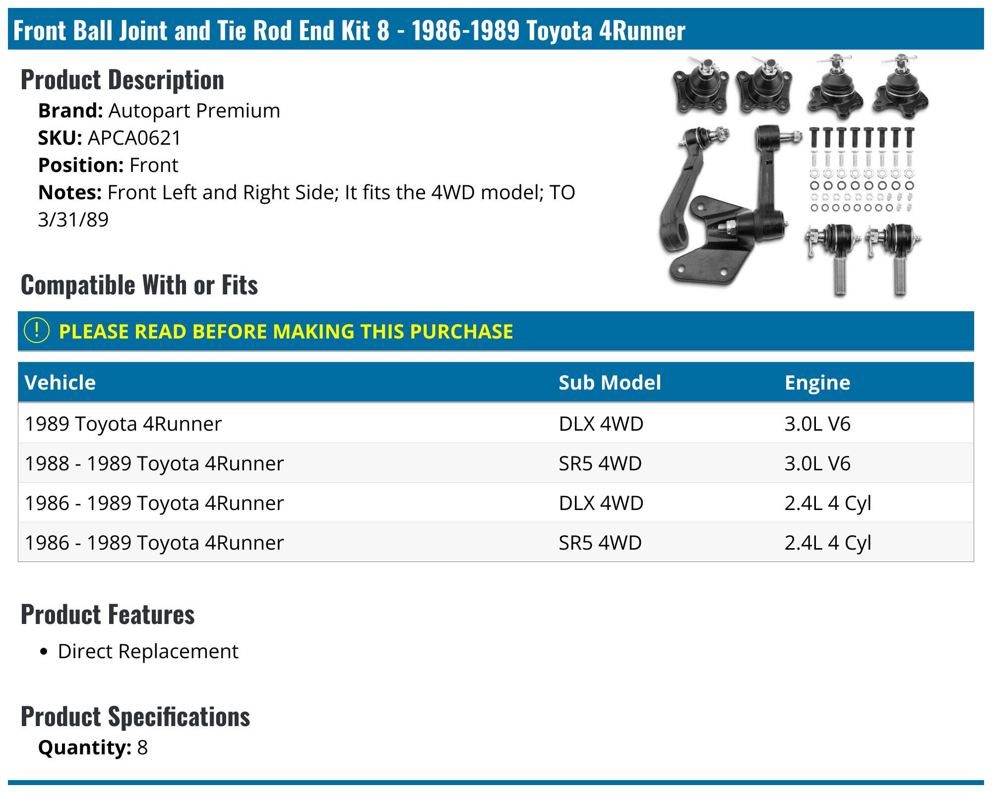 1986-1989 Toyota 4Runner Ball Joint - Autopart Premium APCA0621 - Front ...