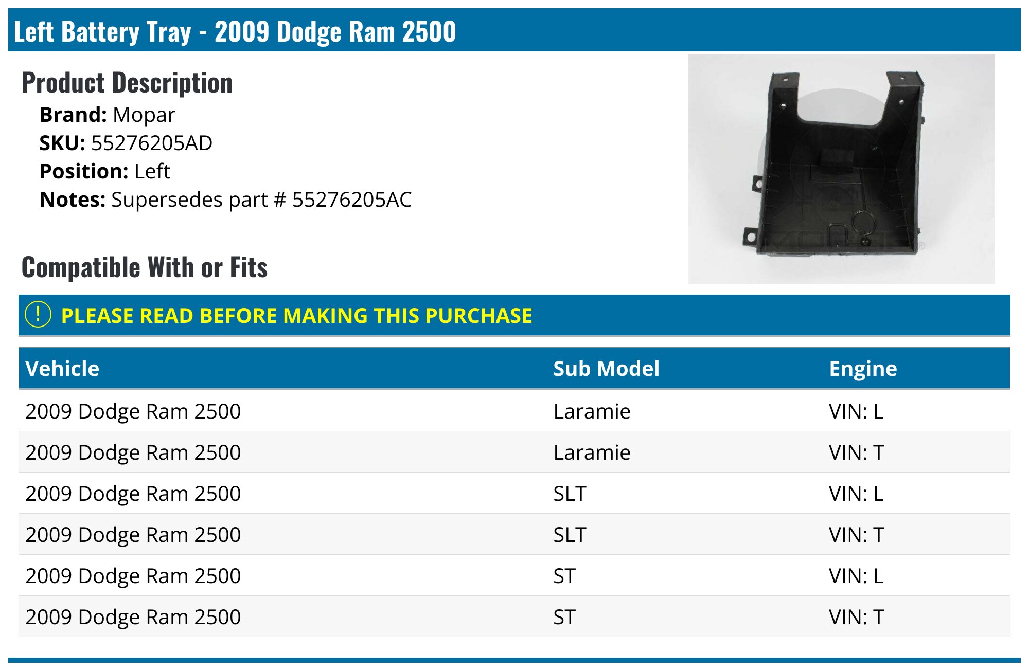 2009 Dodge Ram 2500 Battery Tray - Mopar 55276205AD - Left - PartsGeek.com
