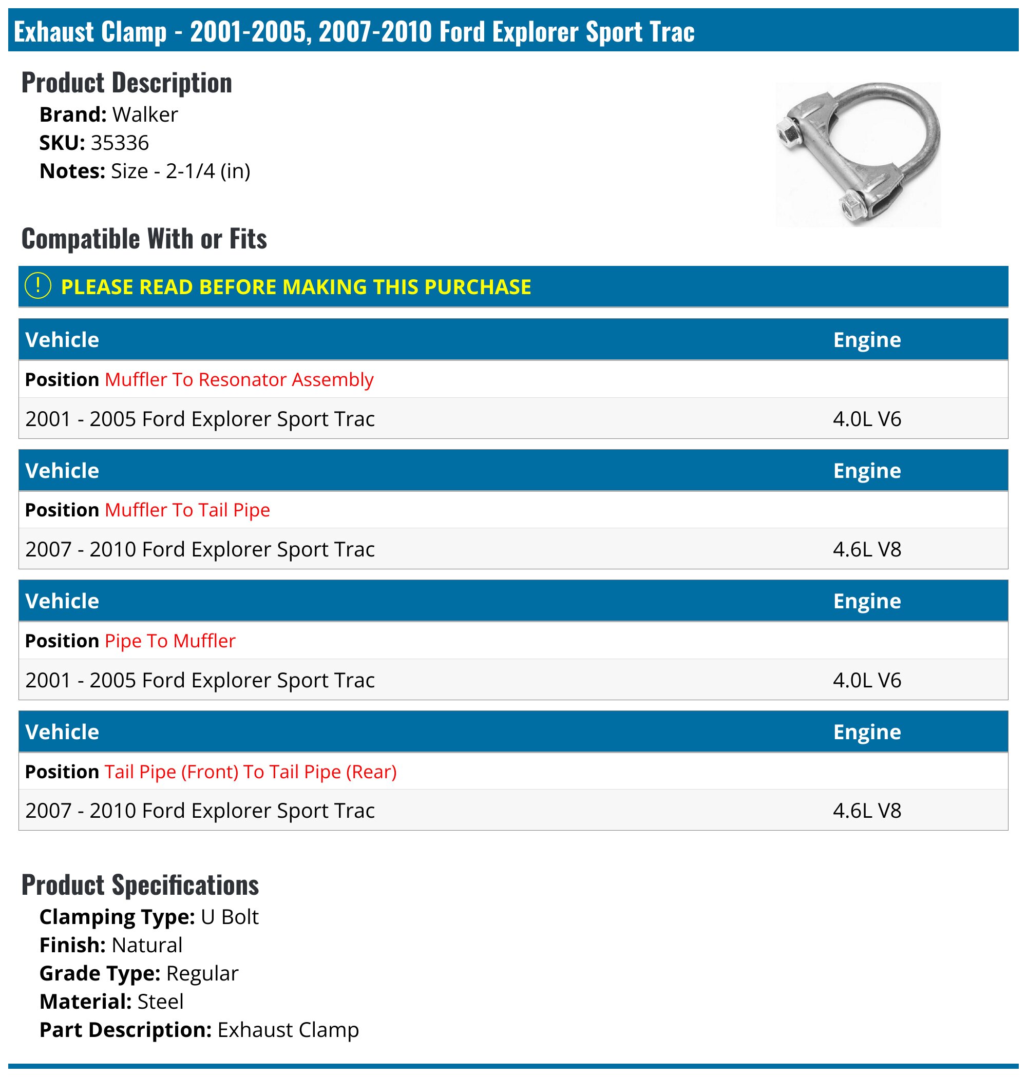 2001-2005, 2007-2010 Ford Explorer Sport Trac Exhaust Clamp - Walker ...