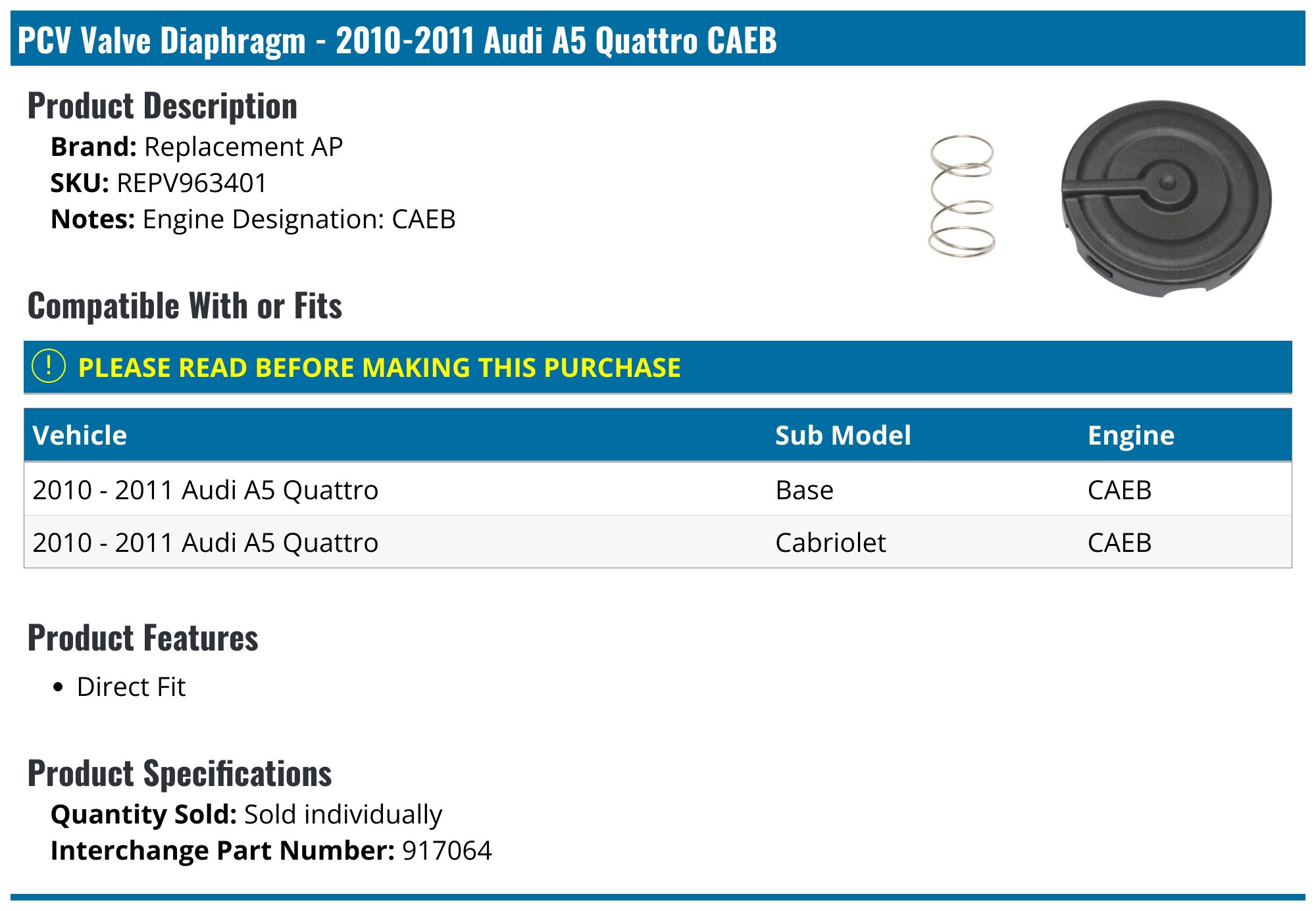 2010-2017 Audi A5 Quattro PCV Valve Diaphragm - Replacement AP ...