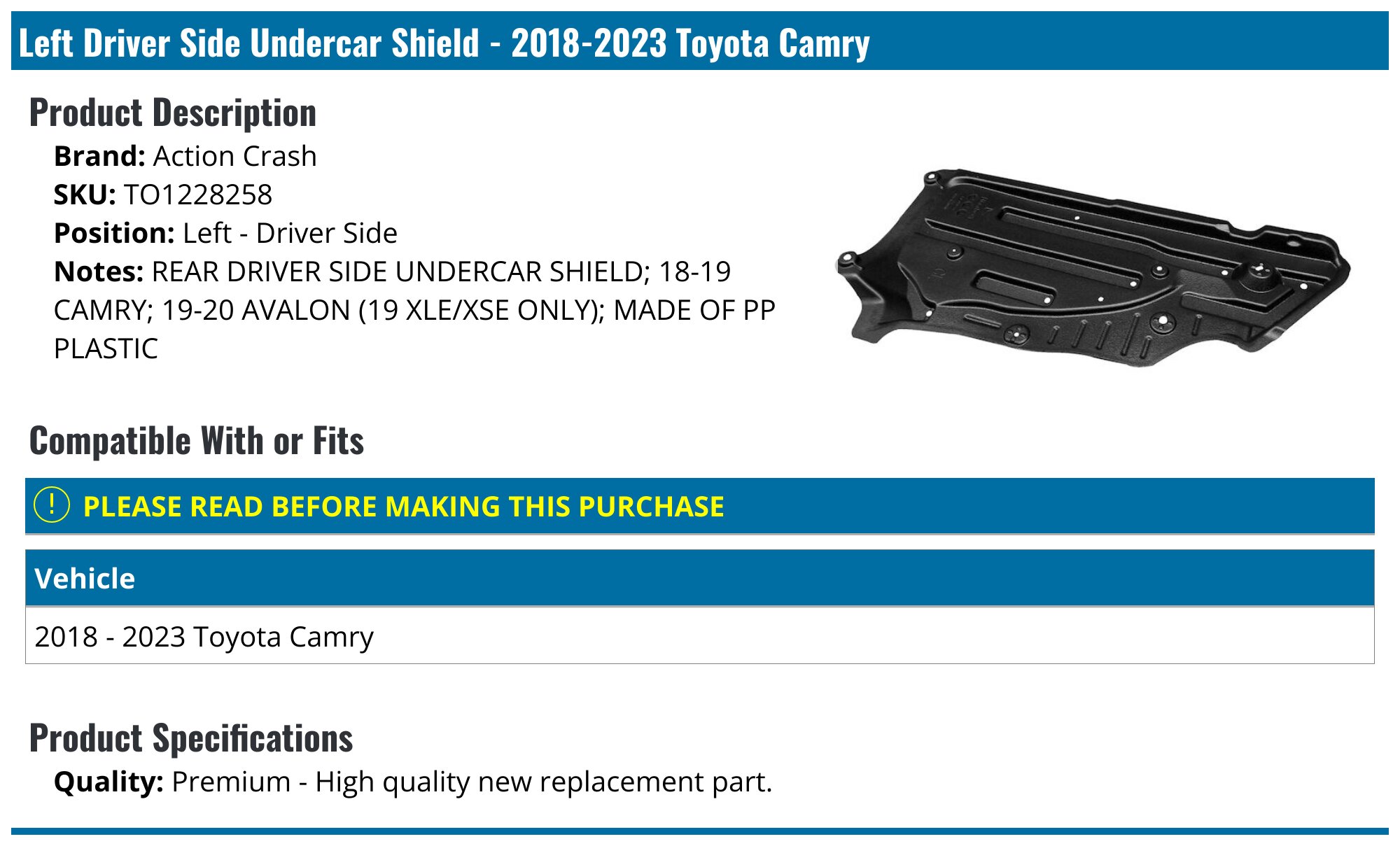 2018-2024 Toyota Camry Lower Engine Cover - Action Crash TO1228258 ...