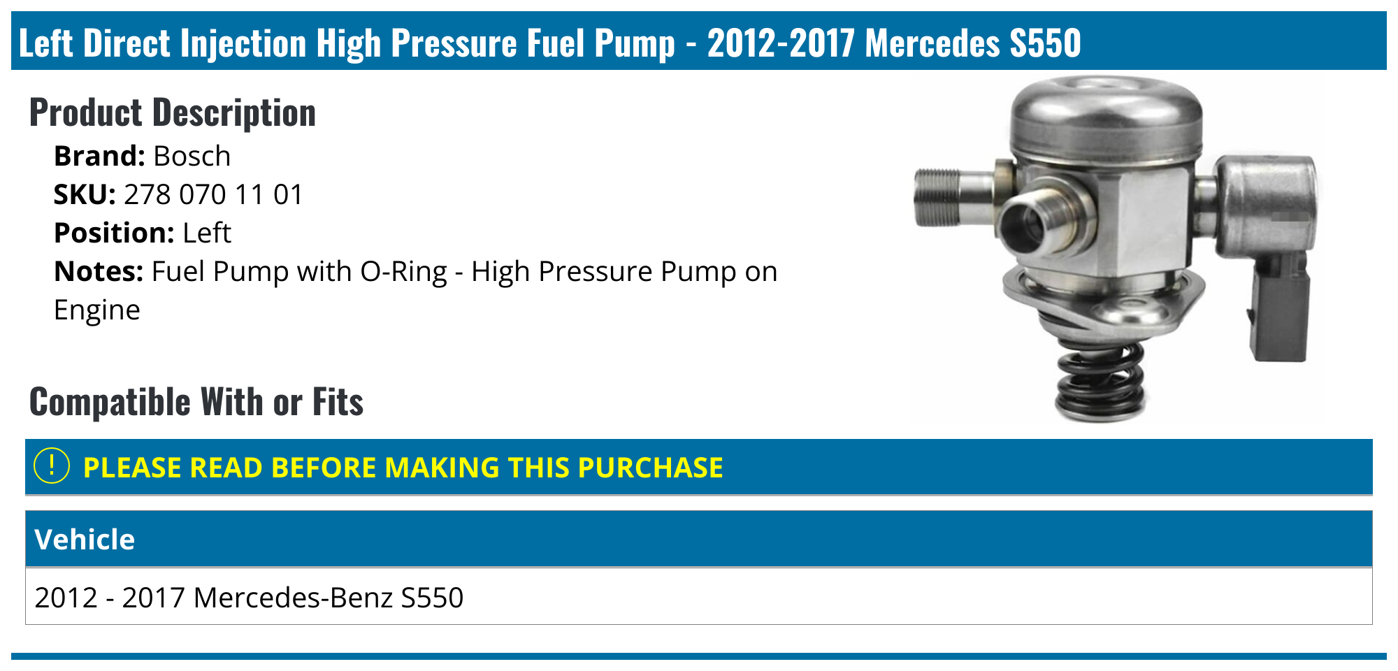 2012-2017 Mercedes S550 Fuel Pump - Bosch 278 070 11 01 - Left ...