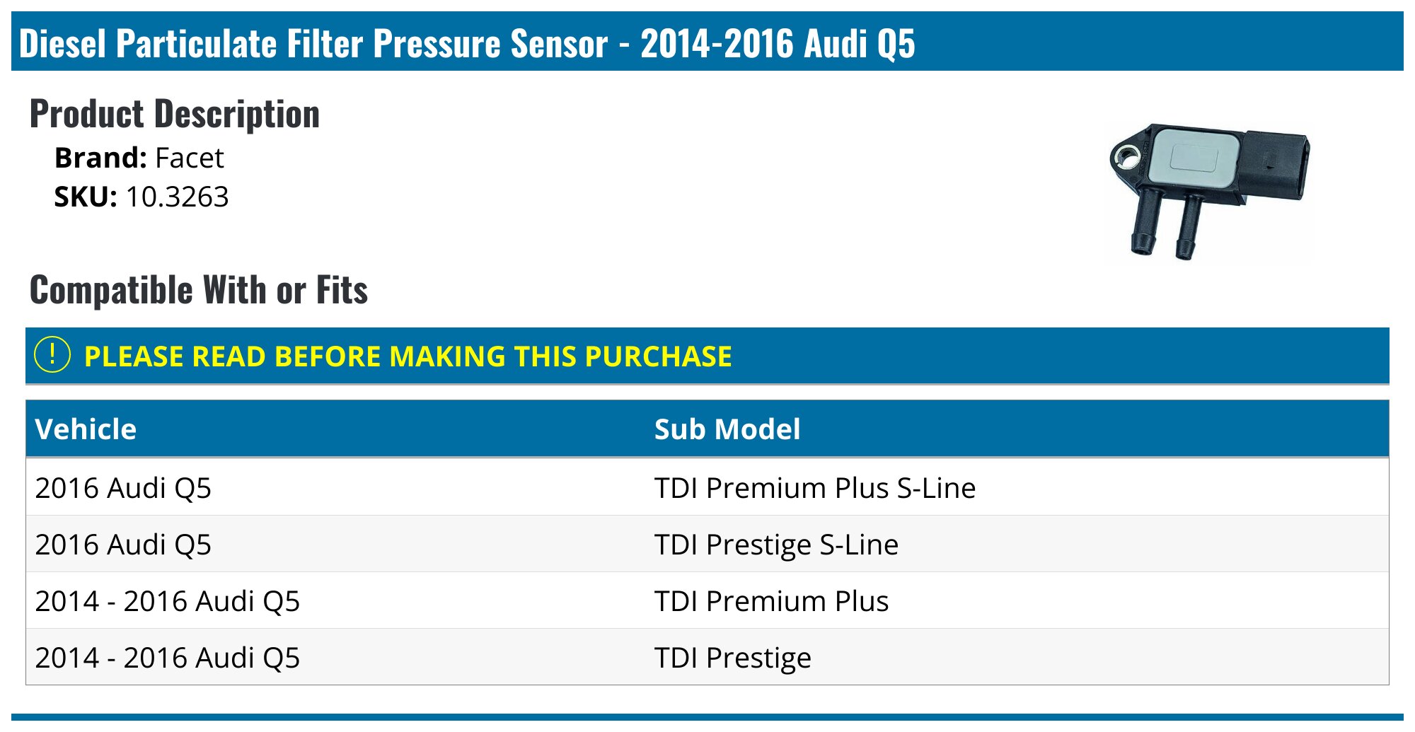 2014-2016 Audi Q5 Diesel Particulate Filter Pressure Sensor - Facet 10. ...