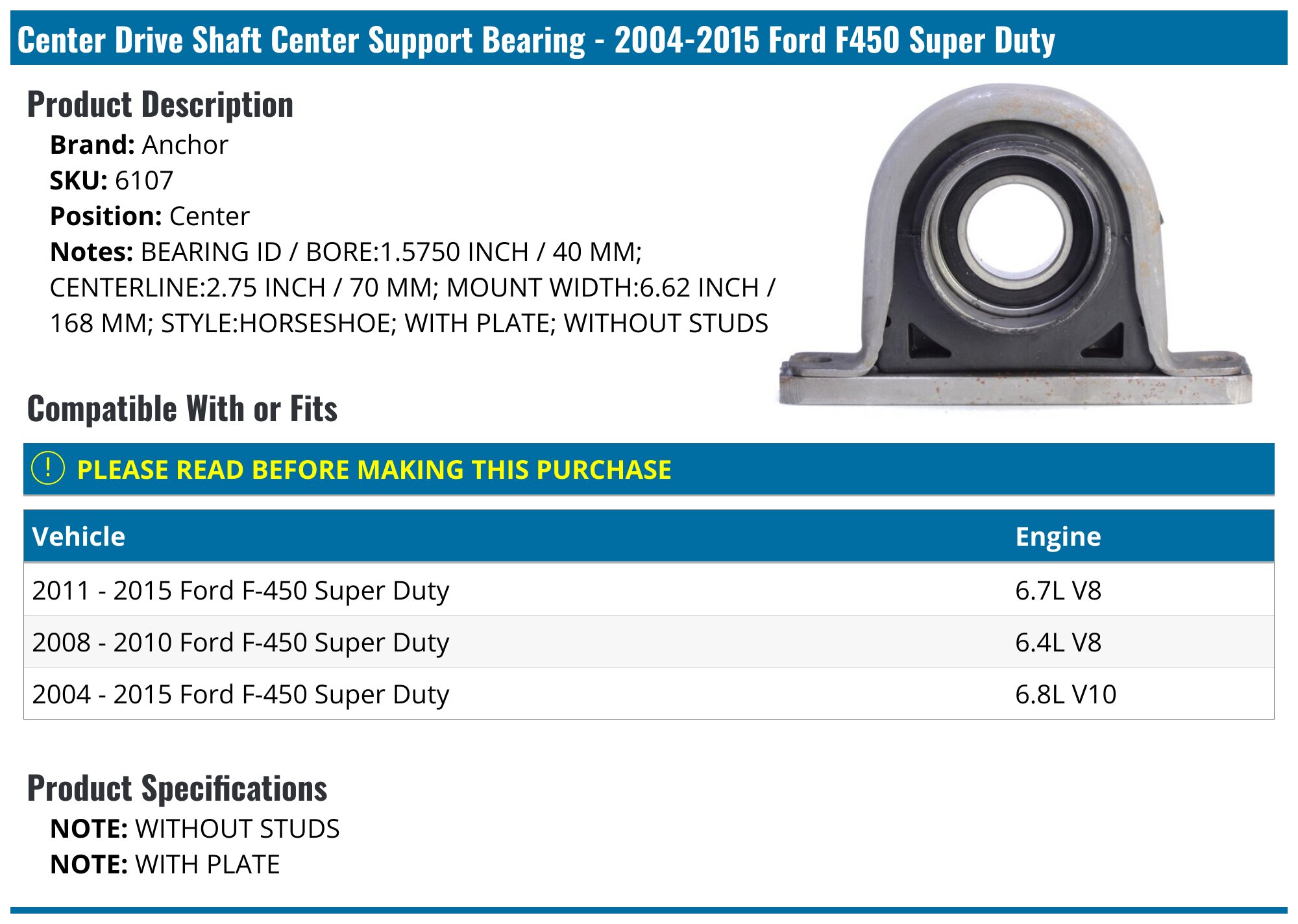2004-2015 Ford F450 Super Duty Drive Shaft Center Support Bearing ...