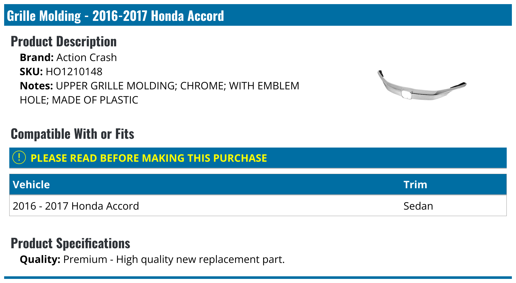 2016-2017 Honda Accord Grille Molding - Action Crash HO1210148 ...