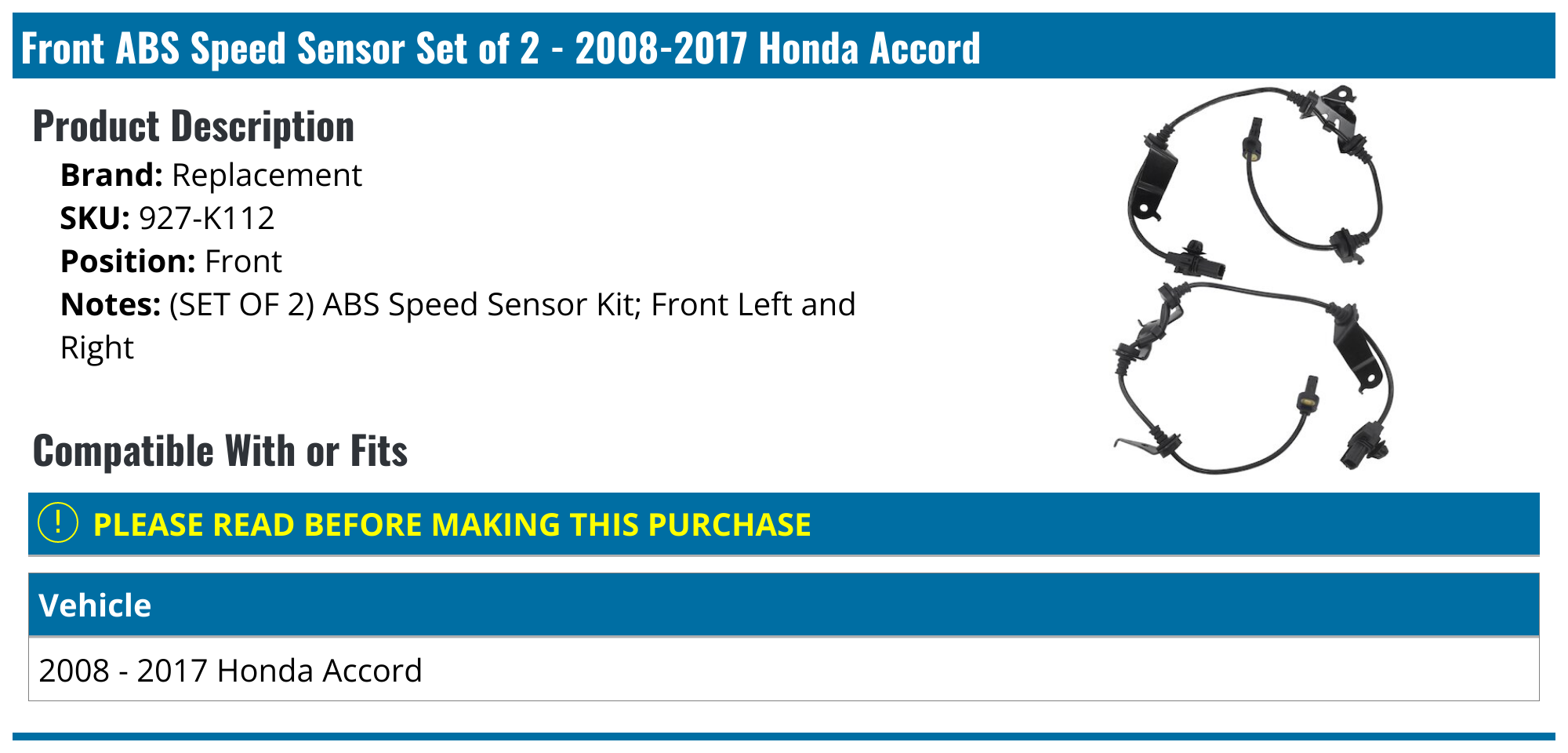 2008-2017 Honda Accord ABS Speed Sensor - Replacement 927-K112 - Front ...