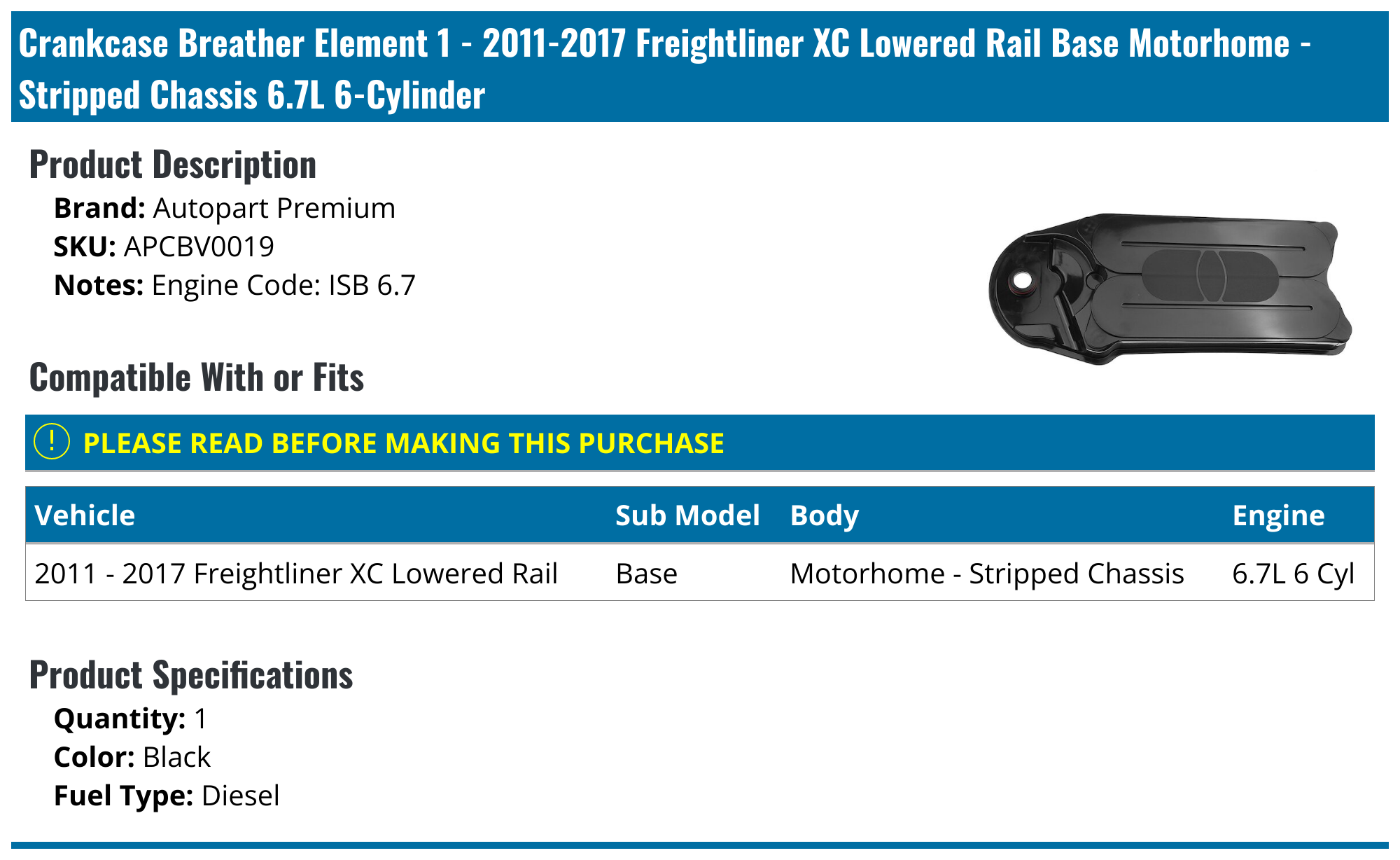 2011-2017 Freightliner XC Lowered Rail Crankcase Breather Element ...