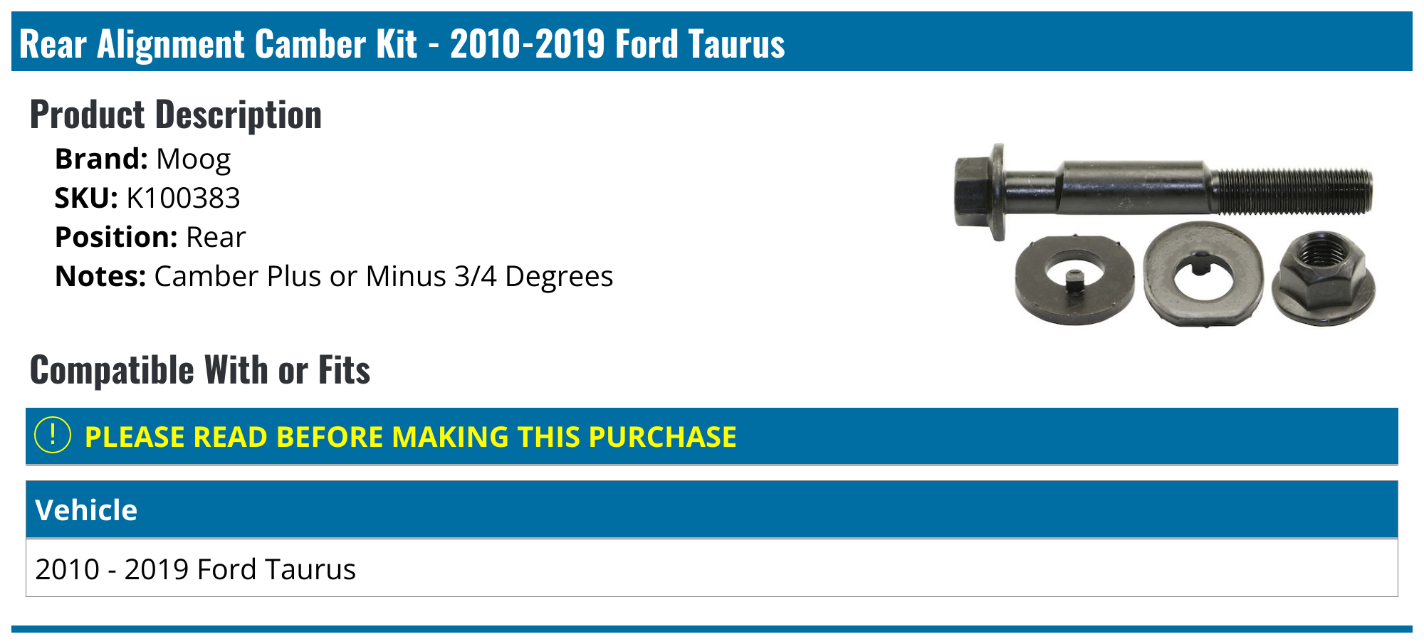 2010-2019 Ford Taurus Alignment Camber Kit - Moog K100383 - Rear ...