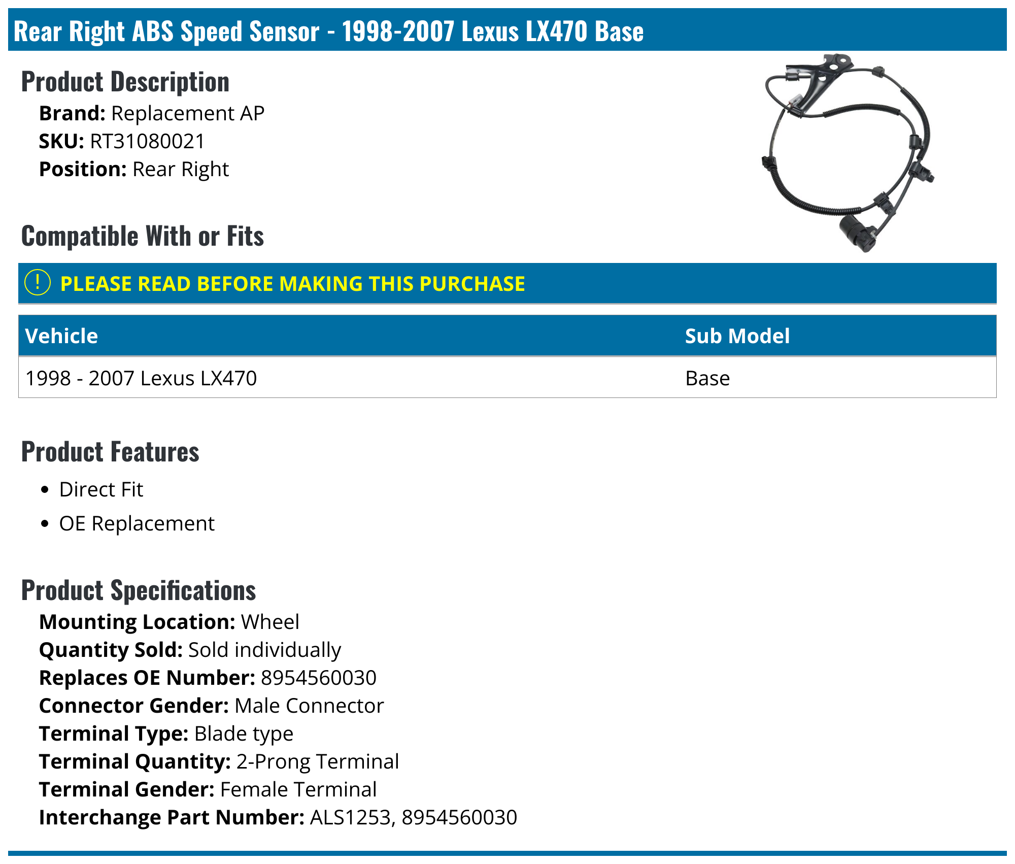 1998-2007 Lexus LX470 ABS Speed Sensor - Replacement AP RT31080021 ...