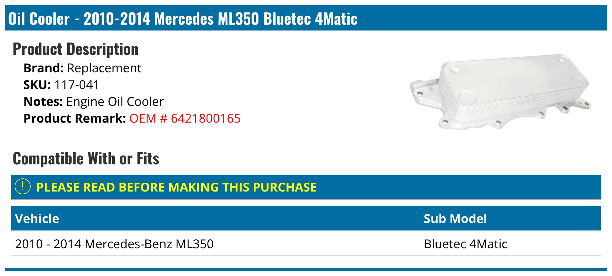 2010-2014 Mercedes ML350 Oil Cooler - Replacement 117-041 - PartsGeek.com