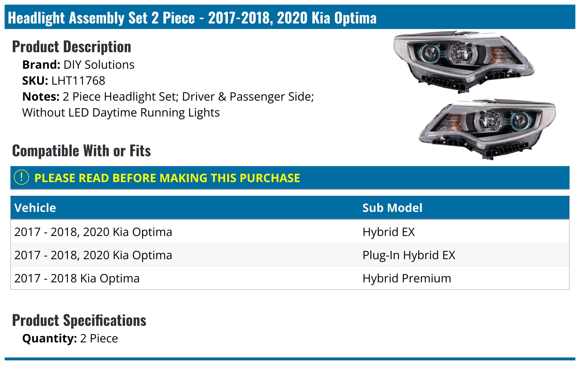 2017-2020 Kia Optima Headlight Assembly - DIY Solutions LHT11768 ...