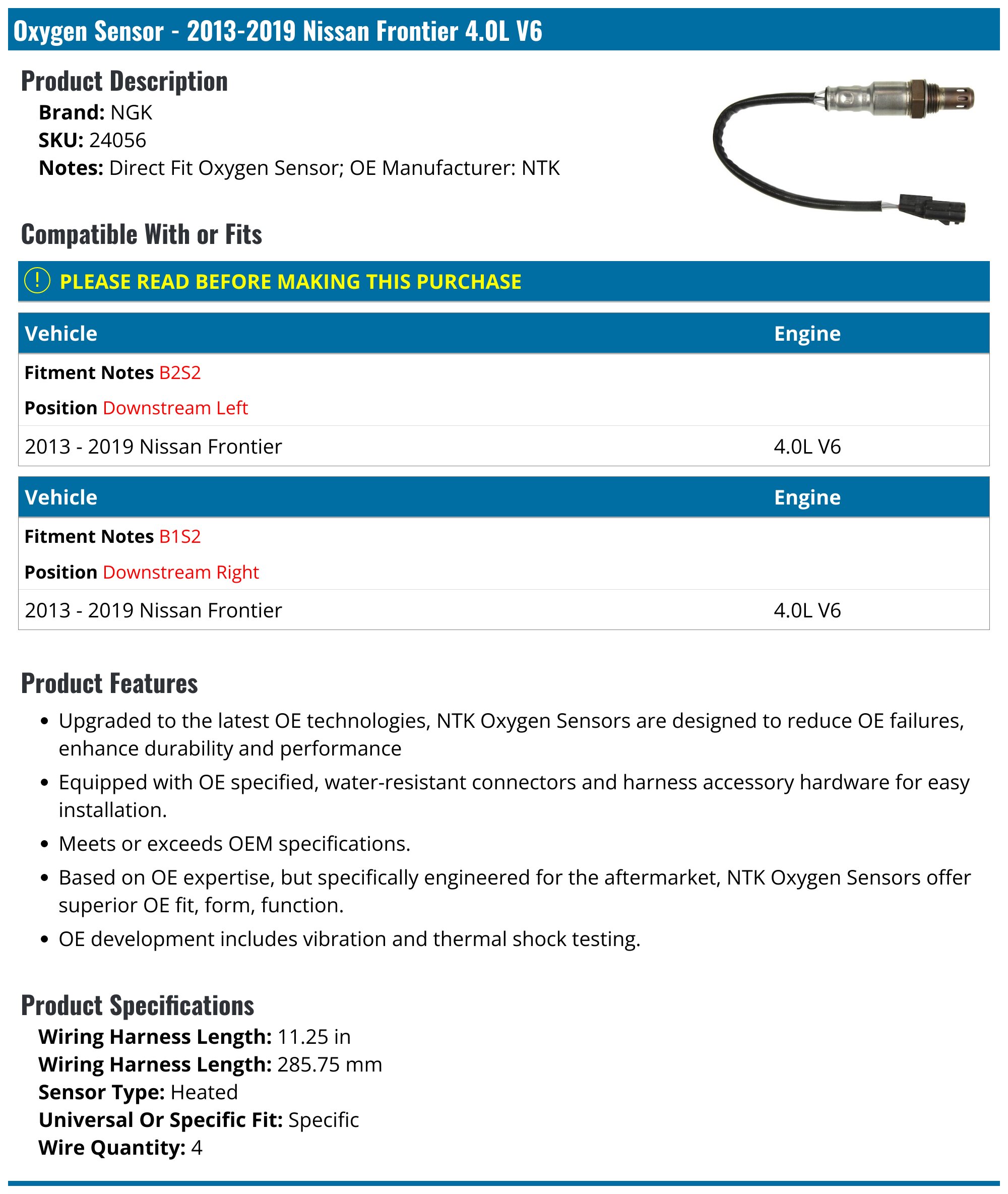 2013-2019 Nissan Frontier Oxygen Sensor - NGK 24056 - Downstream Right ...