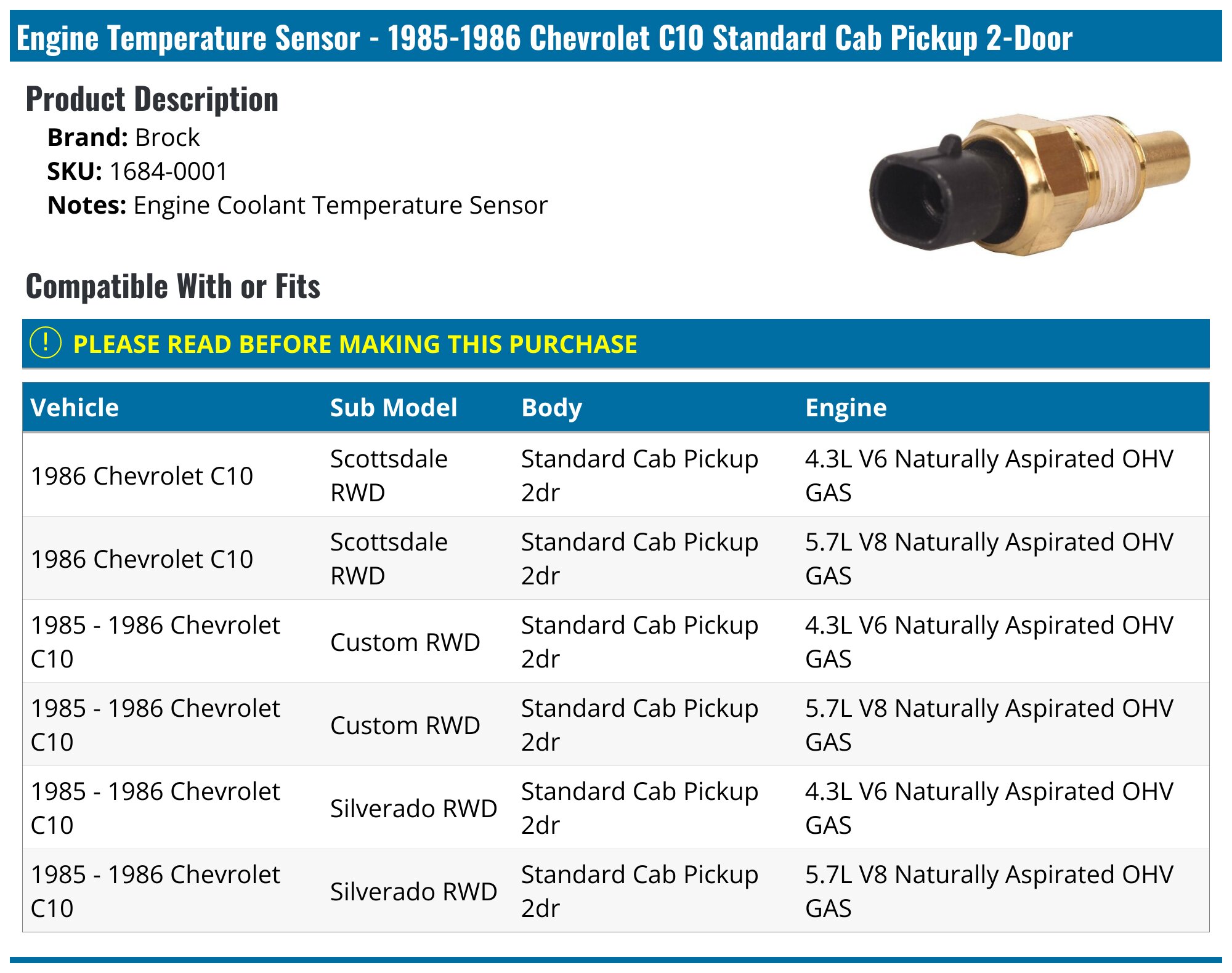 1985-1986 Chevrolet C10 Engine Temperature Sensor - Brock 1684-0001 ...