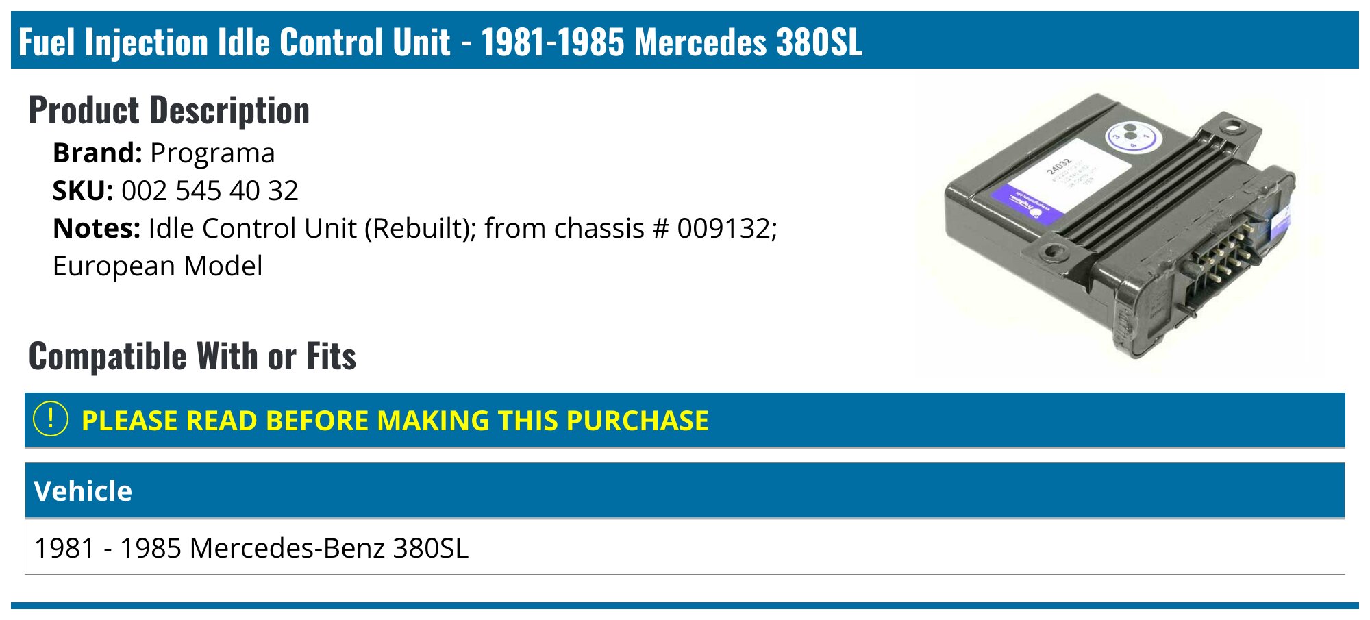 1981-1985 Mercedes 380SL Fuel Injection Idle Control Unit - Programa ...