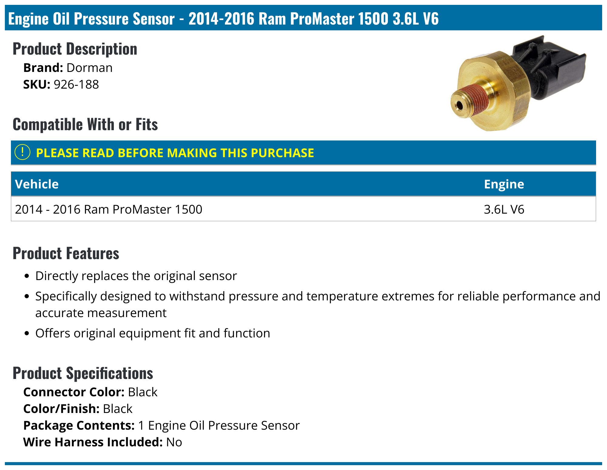 2014-2016 Ram ProMaster 1500 Engine Oil Pressure Sensor - Dorman 926 ...