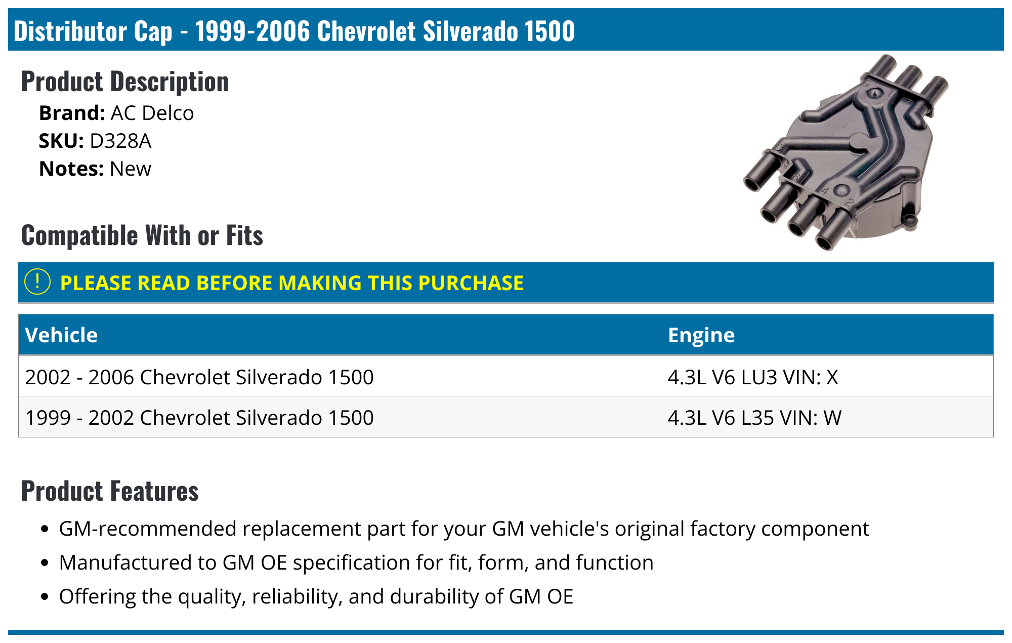 1999-2006 Chevrolet Silverado 1500 Distributor Cap - AC Delco D328A ...