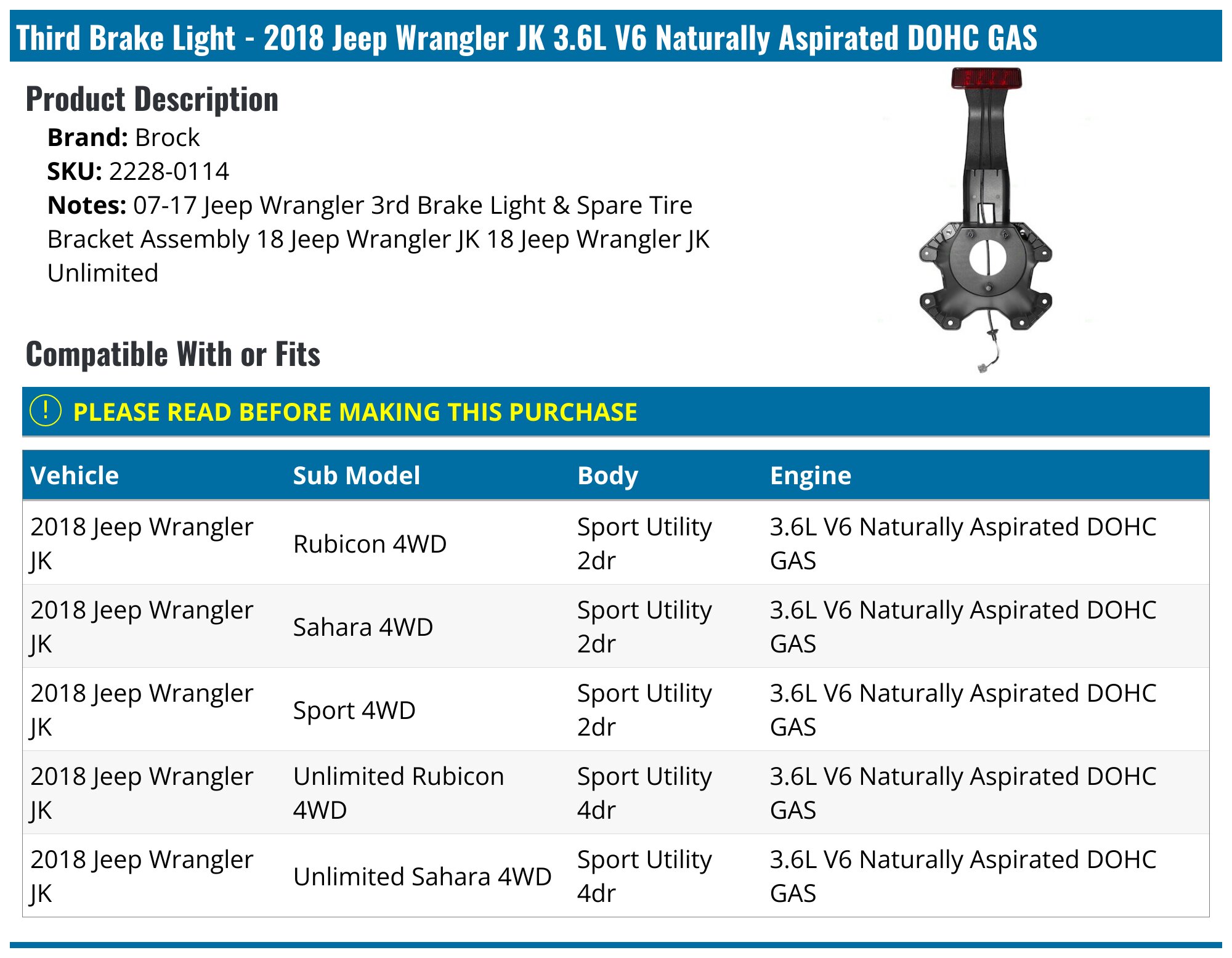 2018 Jeep Wrangler JK Third Brake Light - Brock 2228-0114 - PartsGeek.com