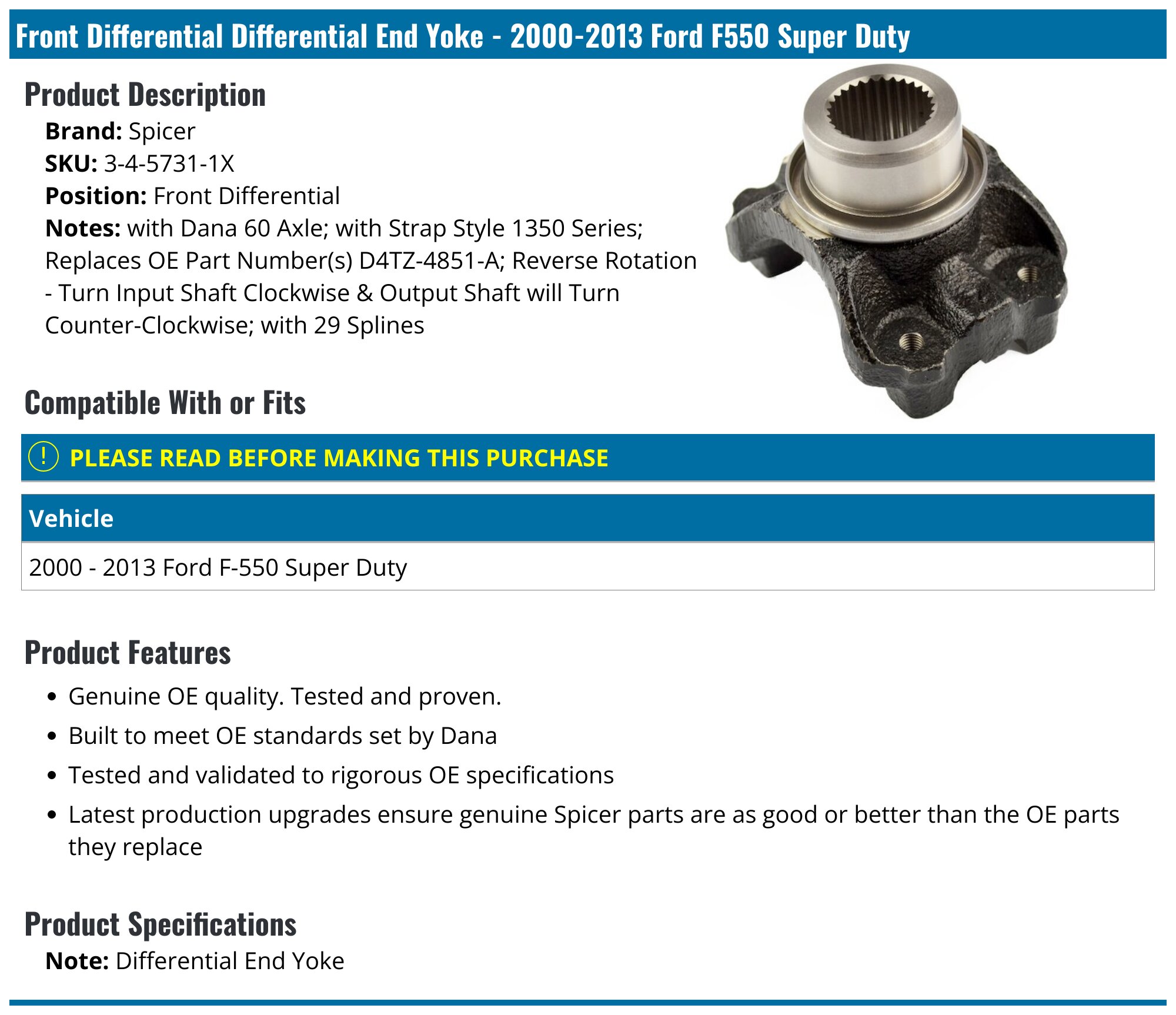 2000-2013 Ford F550 Super Duty Differential End Yoke - Spicer 3-4-5731 ...