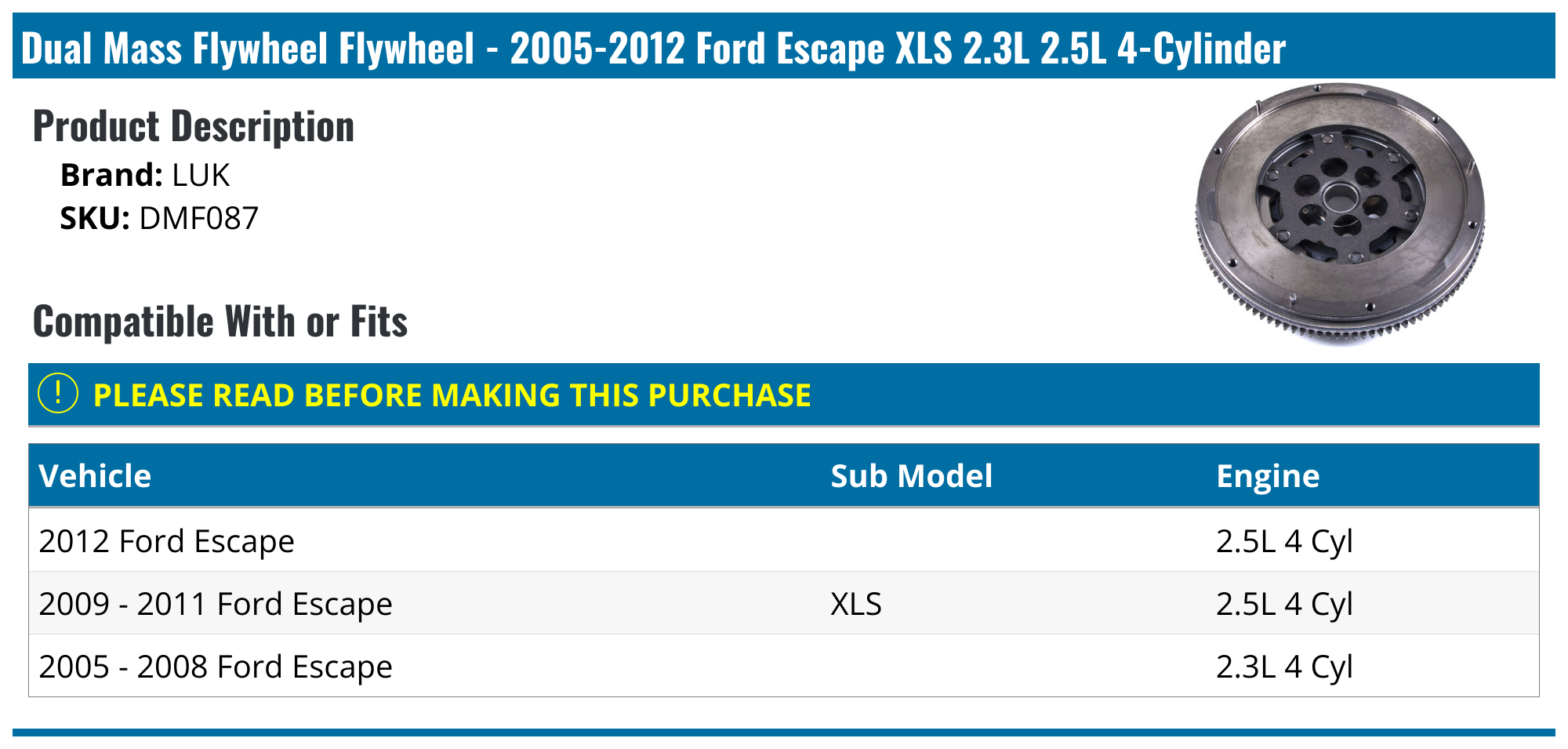 2005-2012 Ford Escape Flywheel - LUK DMF087 - PartsGeek.com