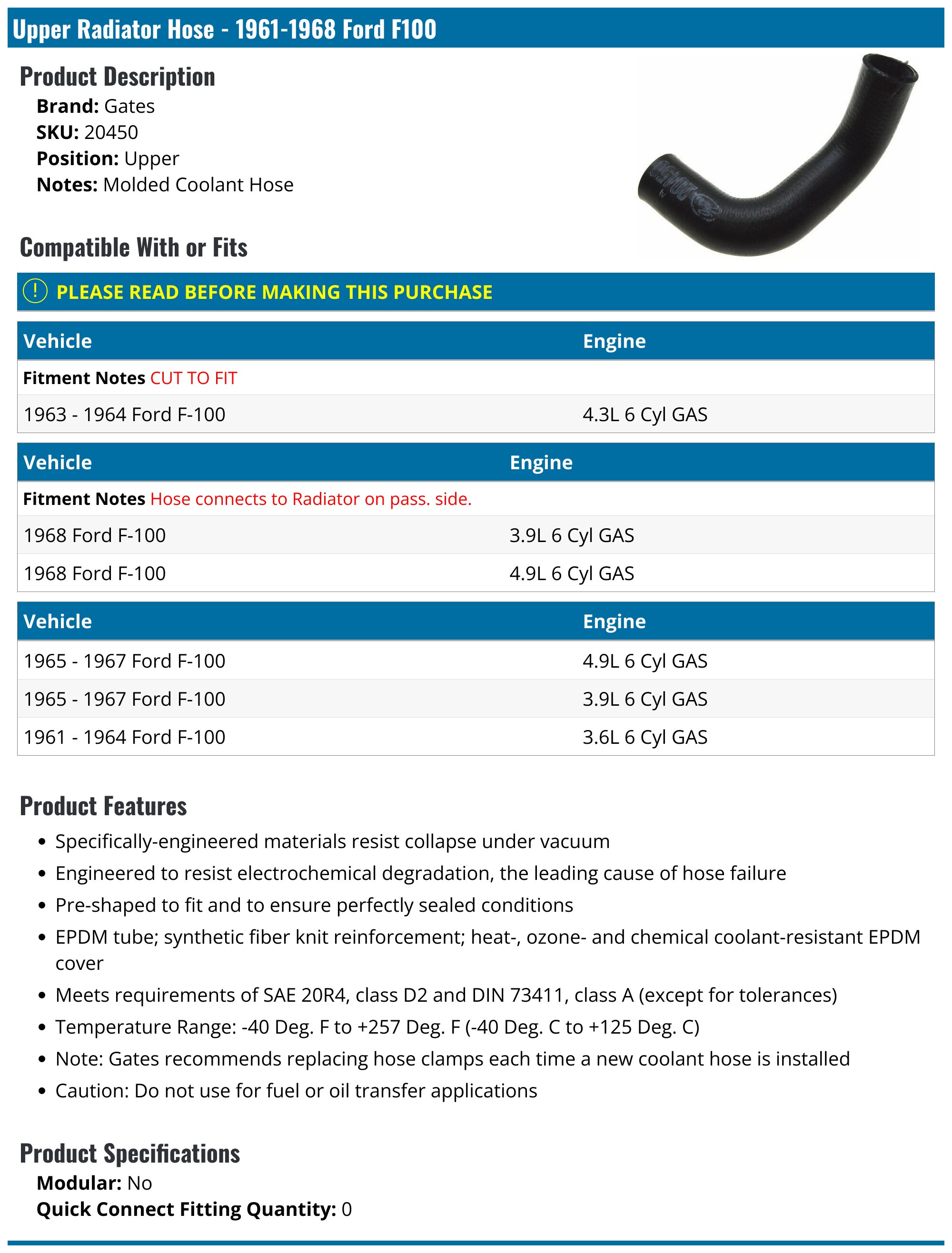 1961-1968 Ford F100 Radiator Hose - Gates 20450 - Upper - PartsGeek.com