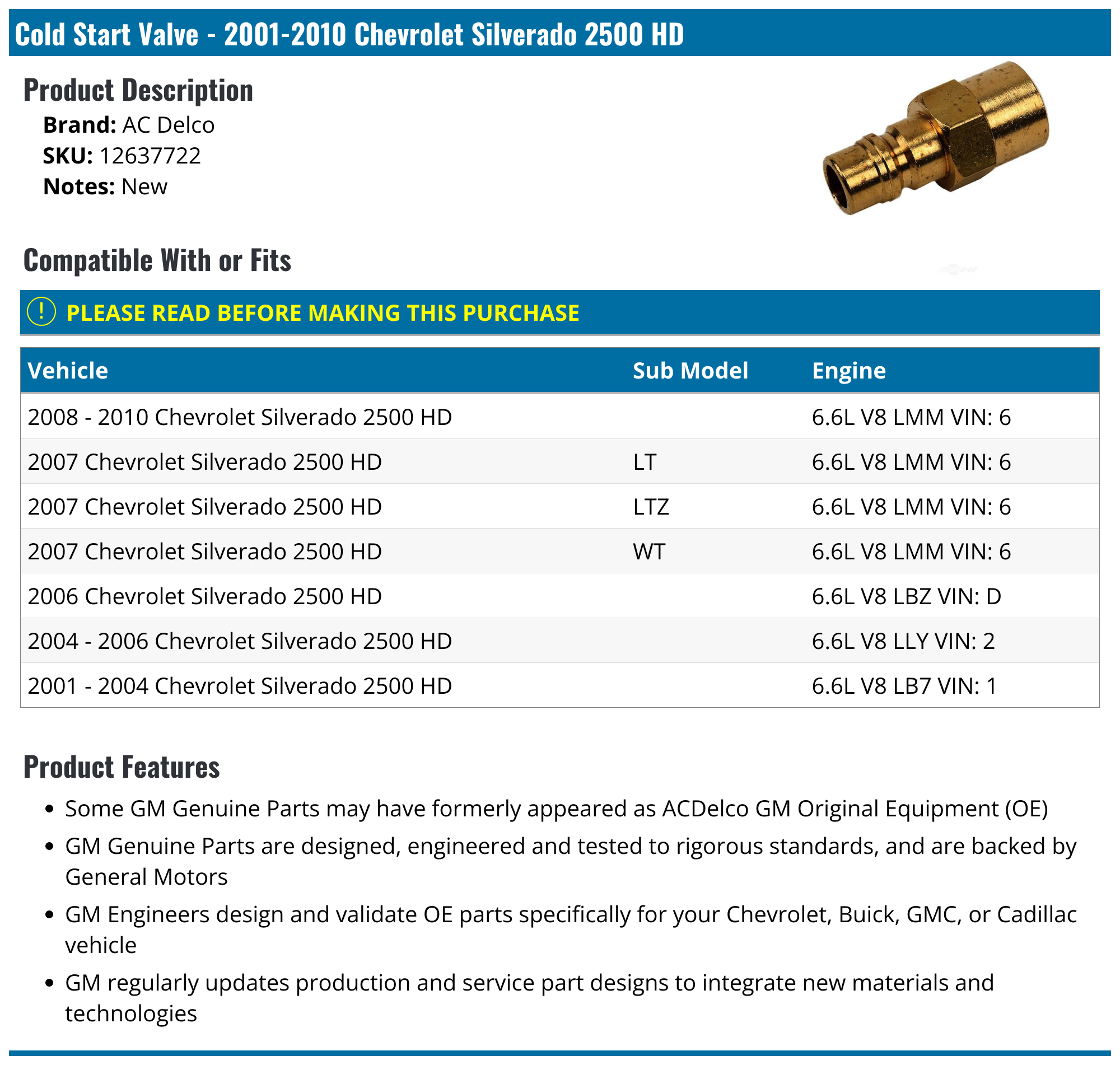 2001-2010 Chevrolet Silverado 2500 HD Cold Start Valve - AC Delco ...
