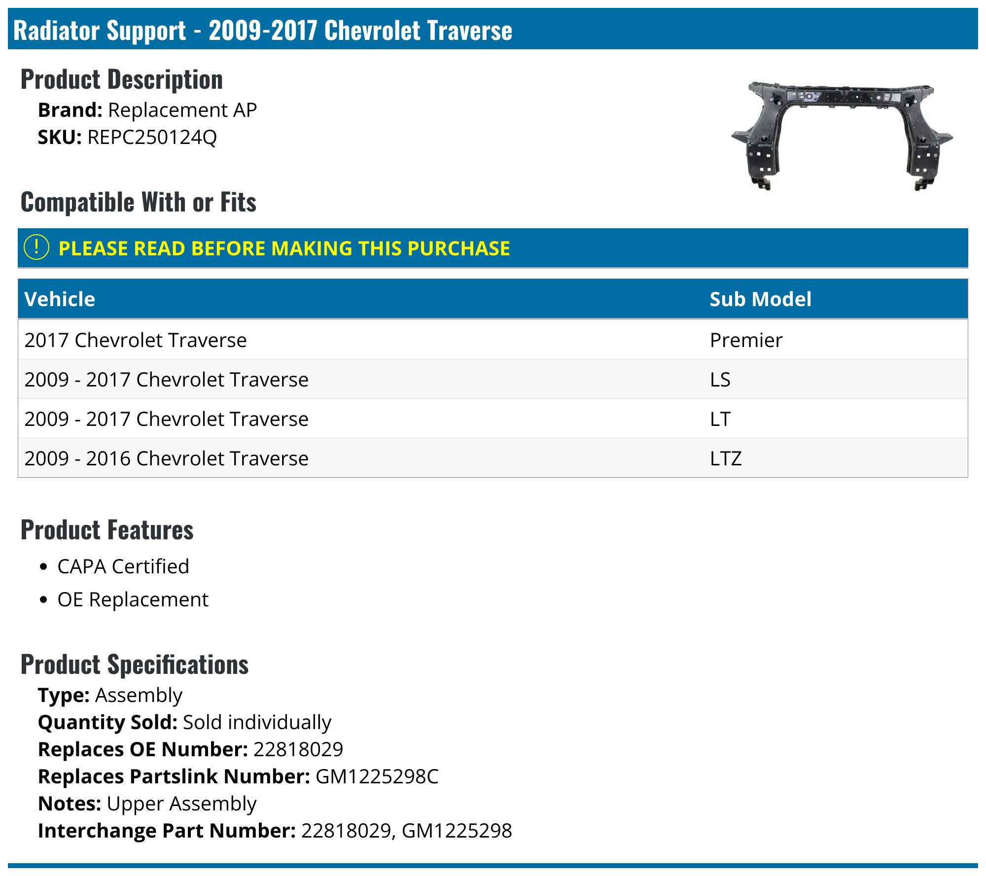 2009-2017 Chevrolet Traverse Radiator Support - Replacement AP ...