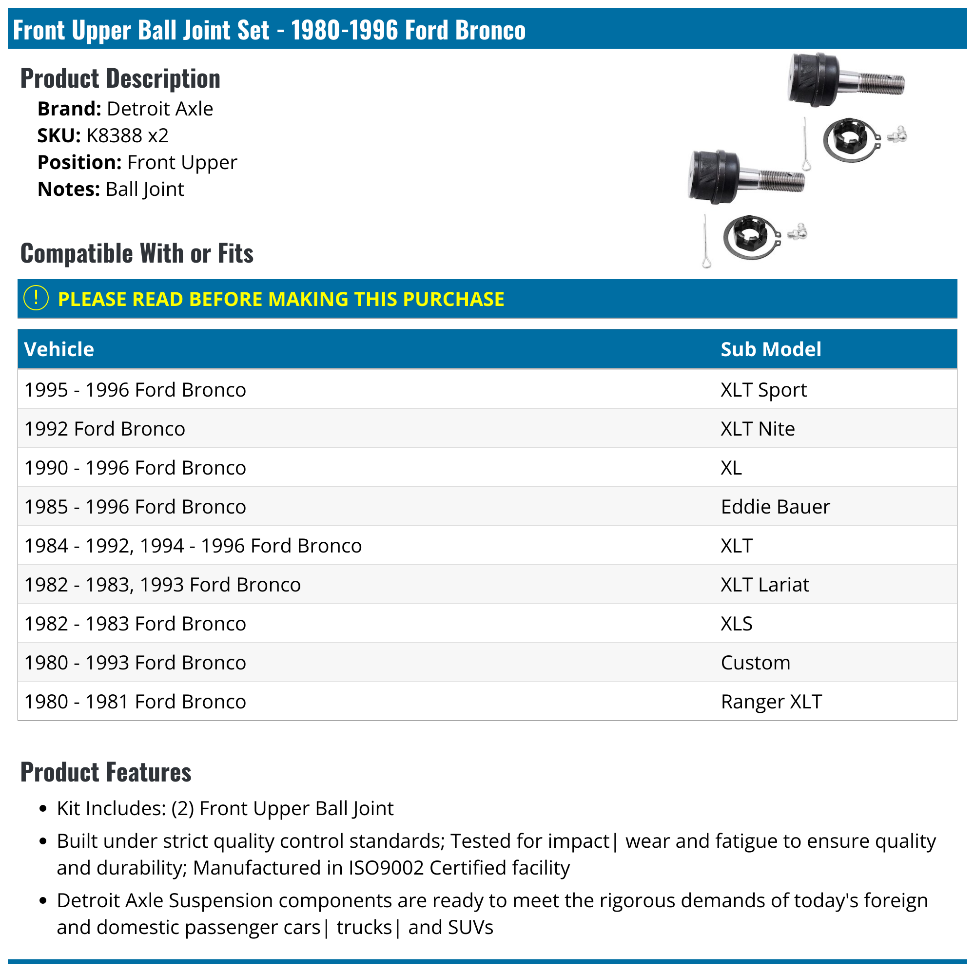 1980-1996 Ford Bronco Ball Joint - Detroit Axle K8388 x2 - Front Upper ...