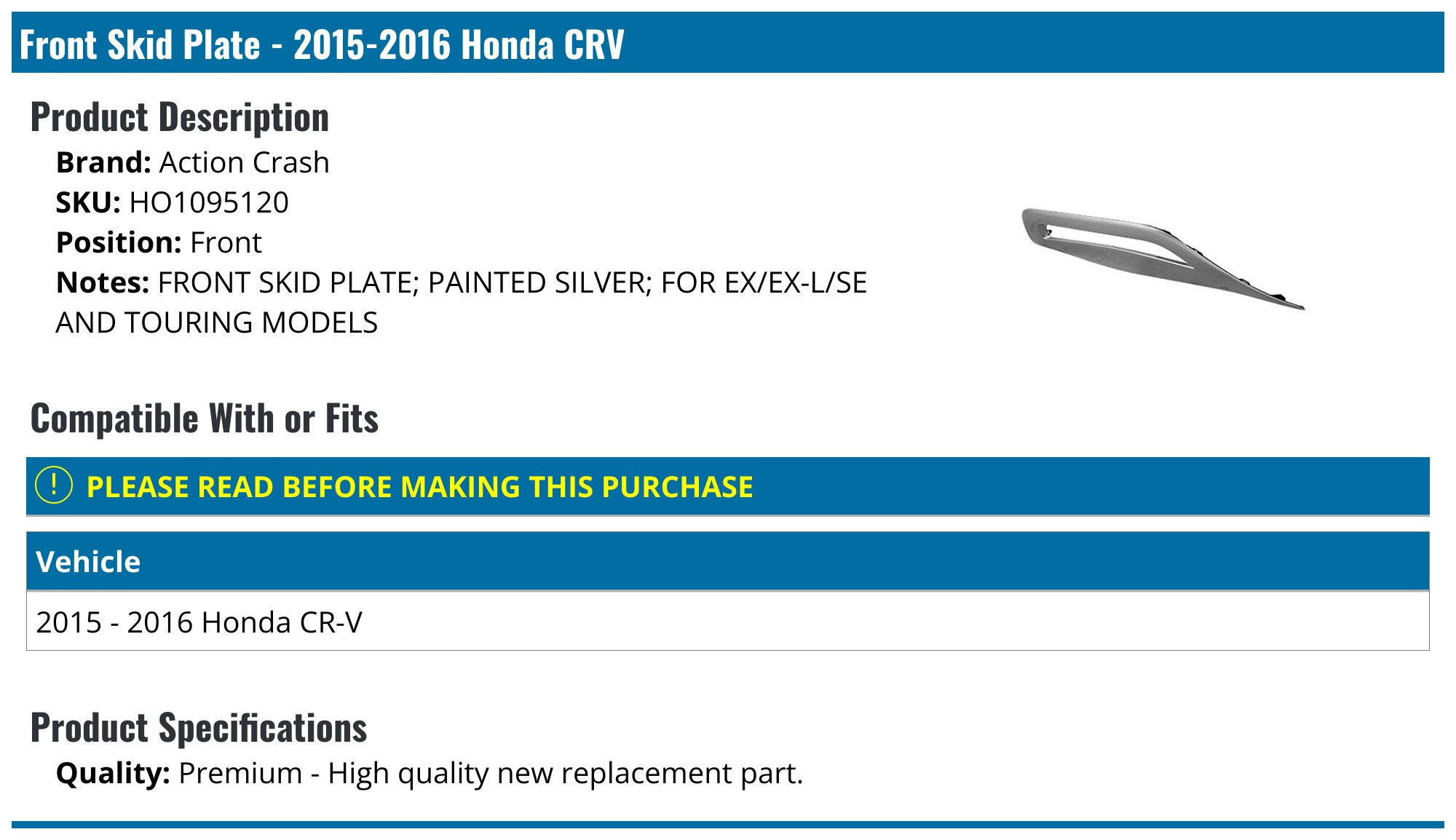 Honda CRV Skid Plate - Engine Cover - Action Crash - 2003 2010 2011 ...