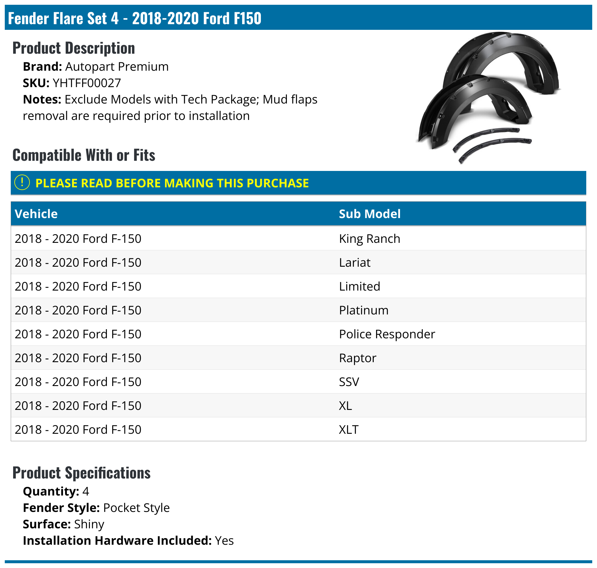 2018-2020 Ford F150 Fender Flare - Autopart Premium YHTFF00027 ...