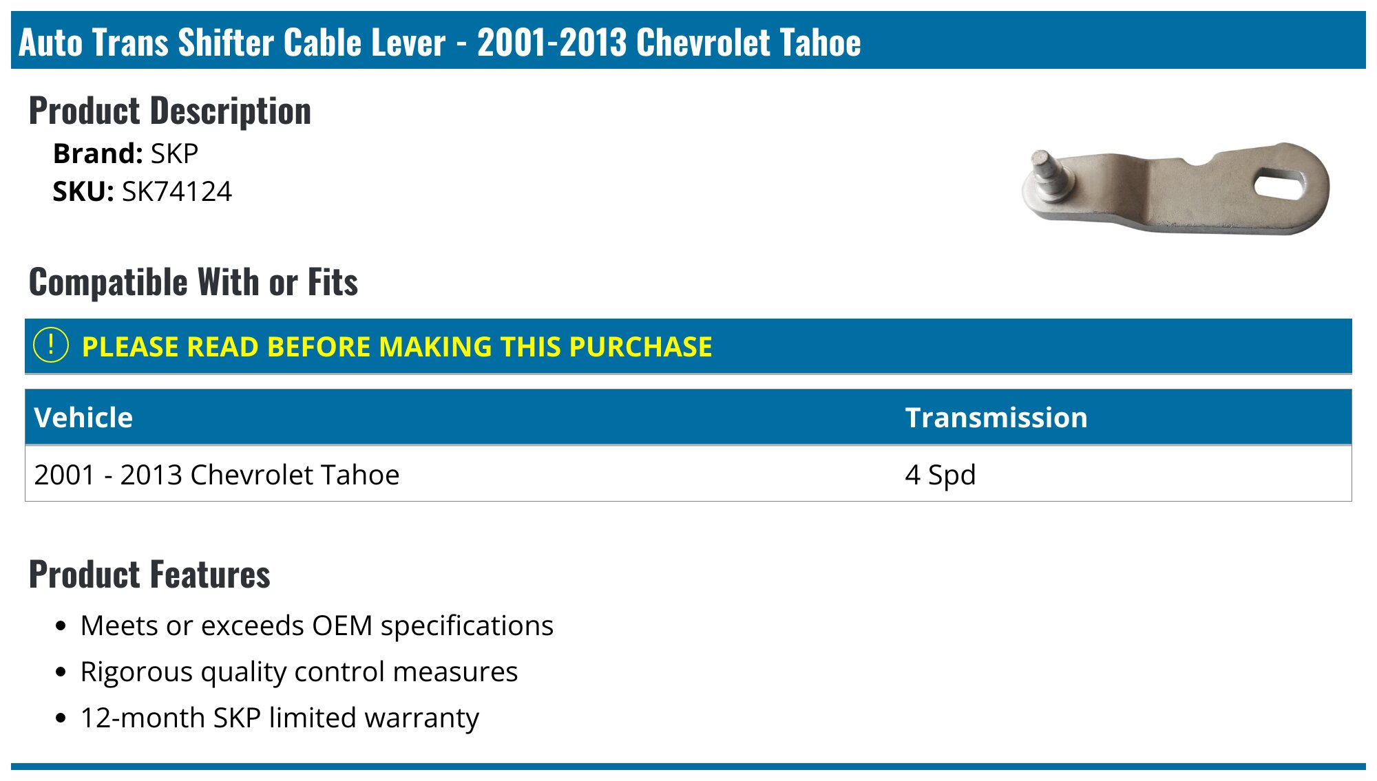 2001-2013 Chevrolet Tahoe Auto Trans Shifter Cable Lever - SKP SK74124 ...