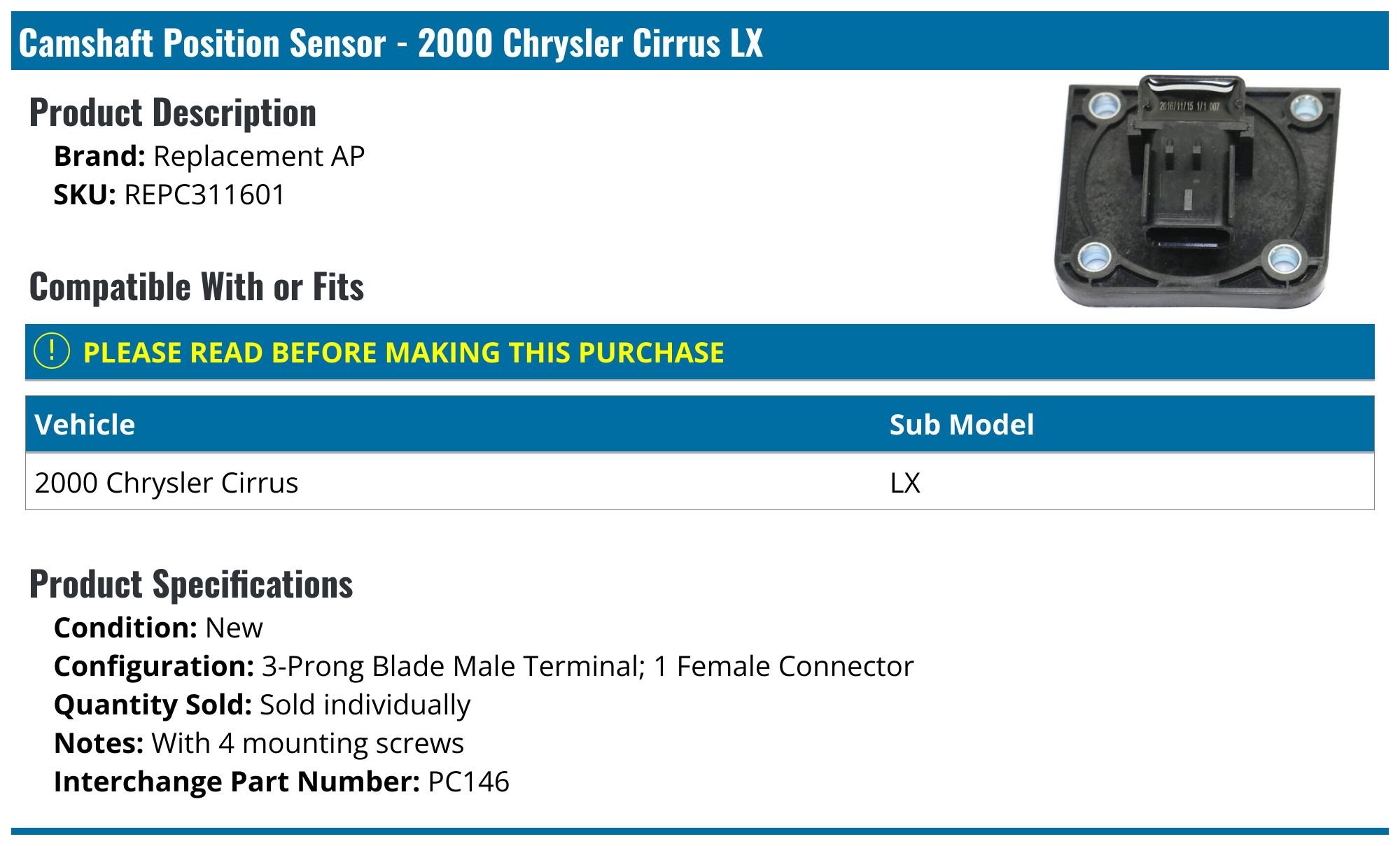 2000 Chrysler Cirrus Camshaft Position Sensor - Replacement AP ...