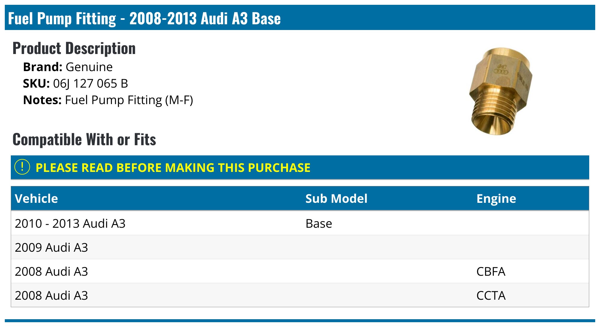 2008-2013 Audi A3 Fuel Pump Fitting - Genuine 06J 127 065 B - PartsGeek.com