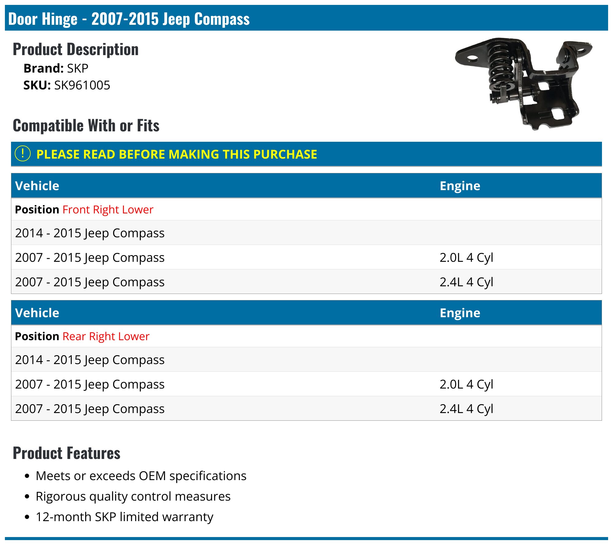 2007-2015 Jeep Compass Door Hinge - SKP SK961005 - Front Right Lower ...