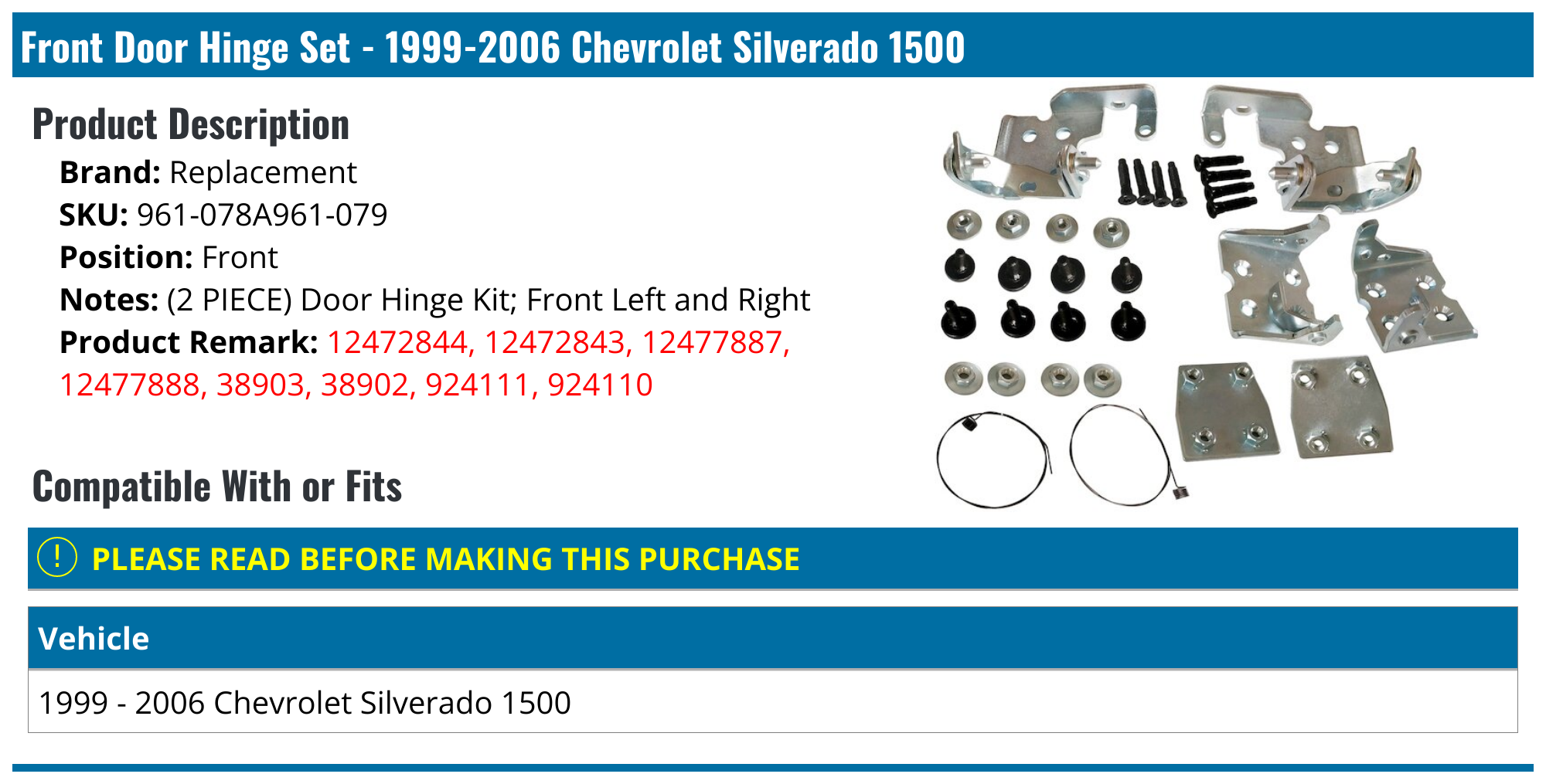 1999-2006 Chevrolet Silverado 1500 Door Hinge - Replacement 961-078A961 ...