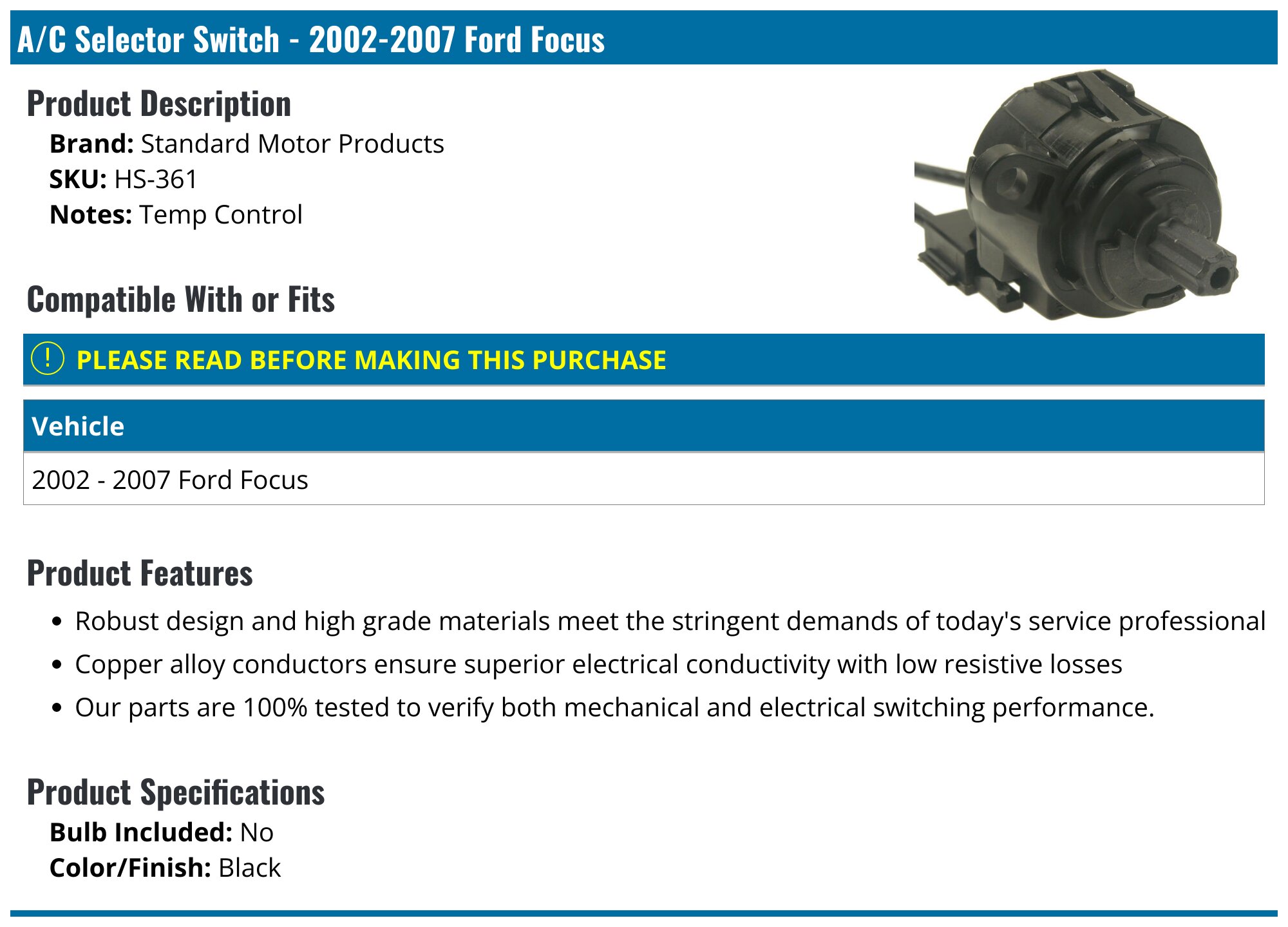 2002-2007 Ford Focus A/C Selector Switch - Standard Motor Products HS ...