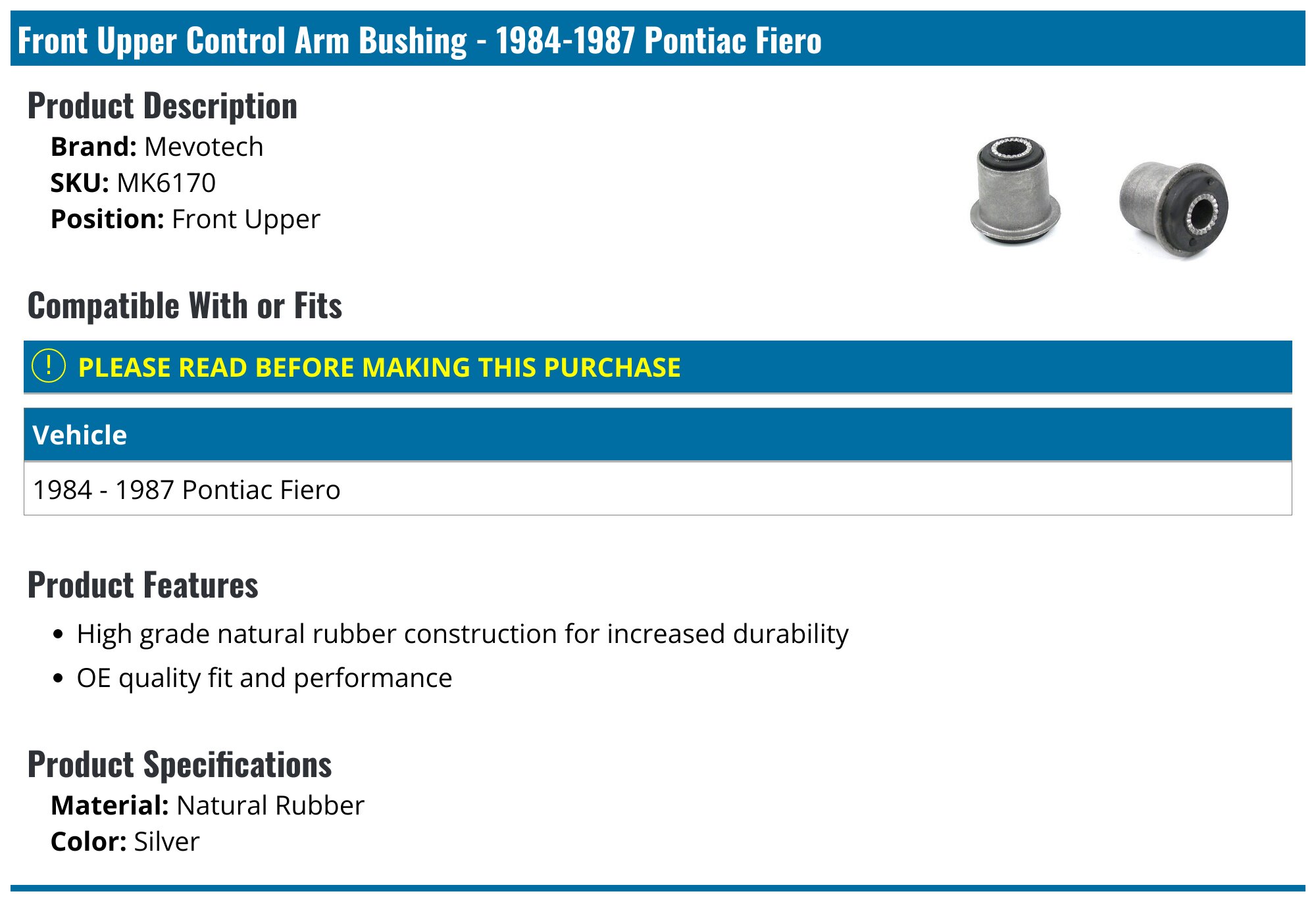 1984-1987 Pontiac Fiero Control Arm Bushing - Mevotech MK6170 - Front ...
