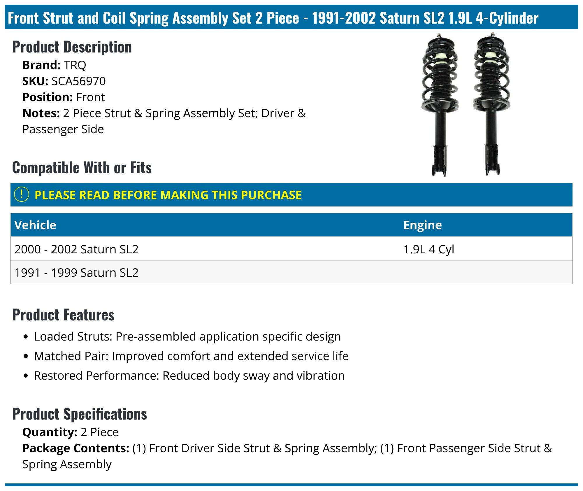 1991-2002 Saturn SL2 Strut Assembly - TRQ SCA56970 - Front - PartsGeek.com