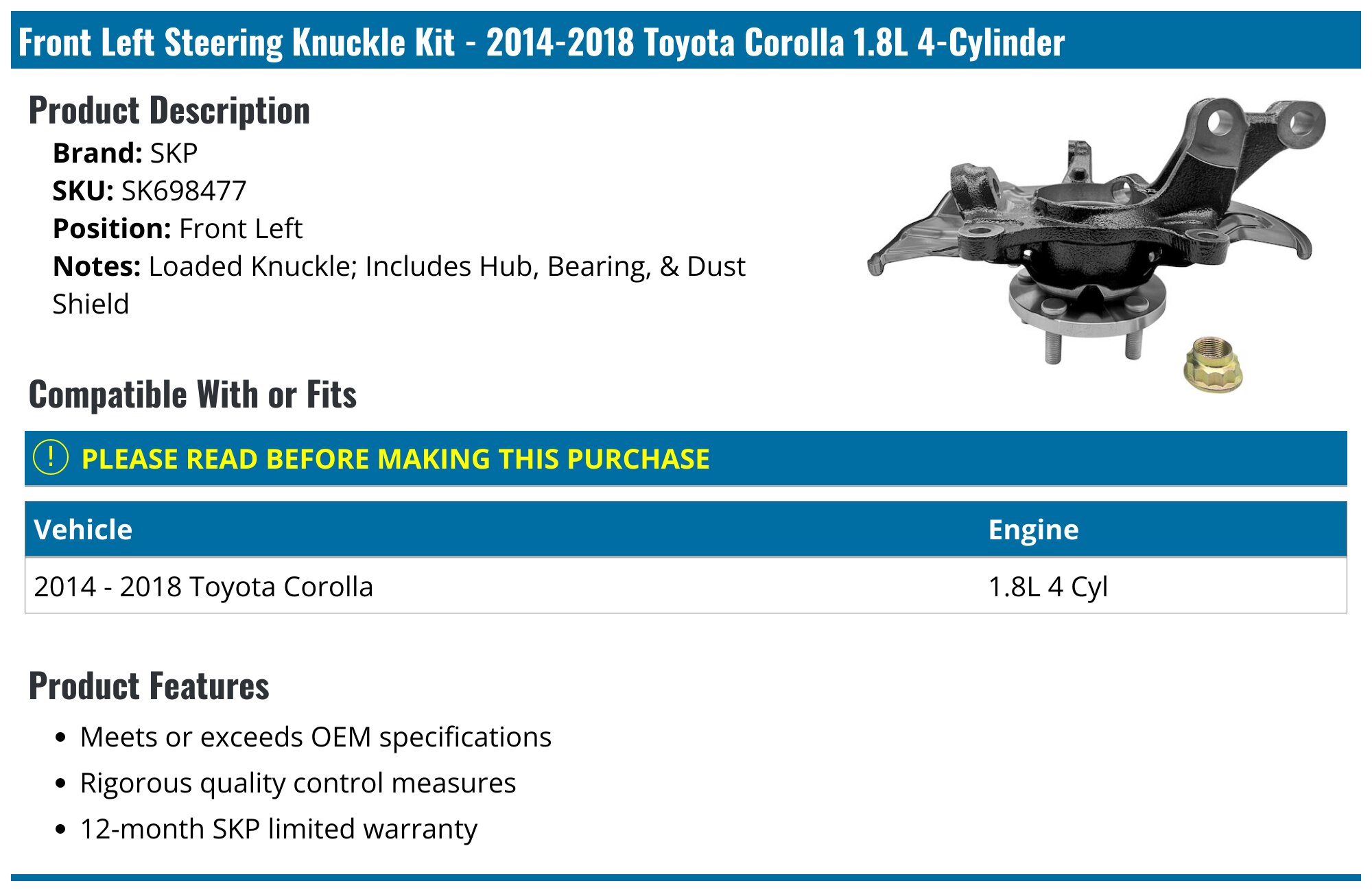 2009-2018 Toyota Corolla Steering Knuckle - SKP SK698477 - Front Left ...