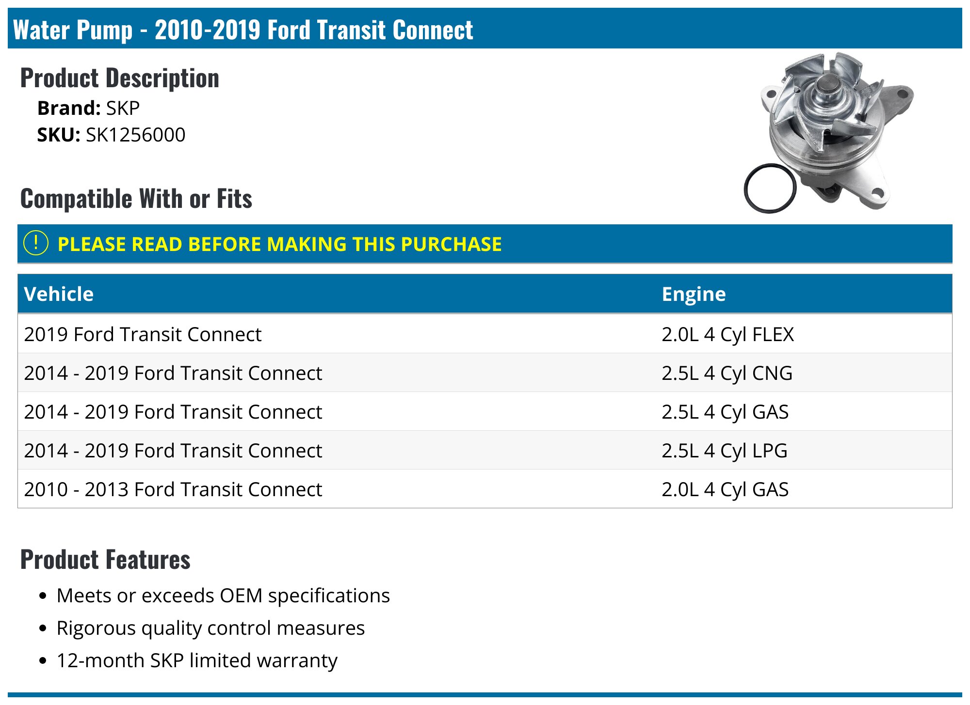 2010-2019 Ford Transit Connect Water Pump - SKP SK1256000 - PartsGeek.com