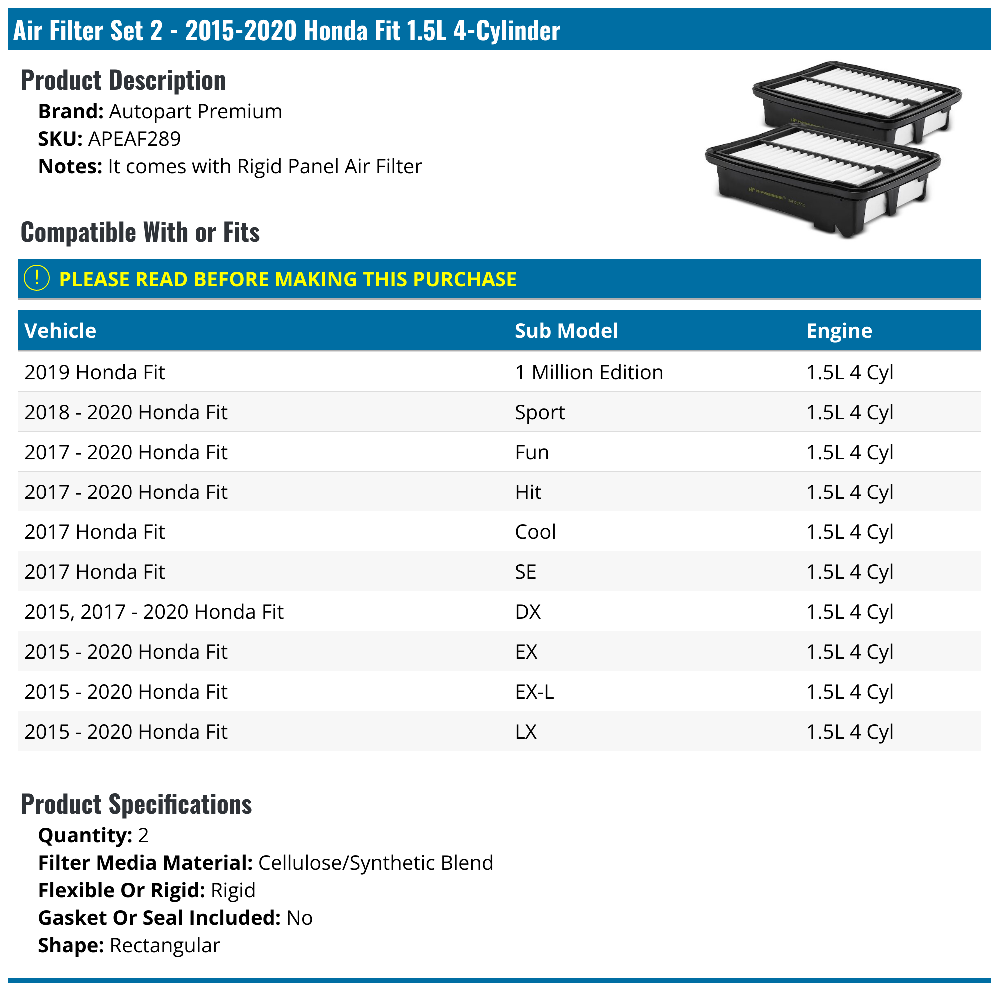 2015-2020 Honda Fit Air Filter Kit - Autopart Premium APEAF289 ...